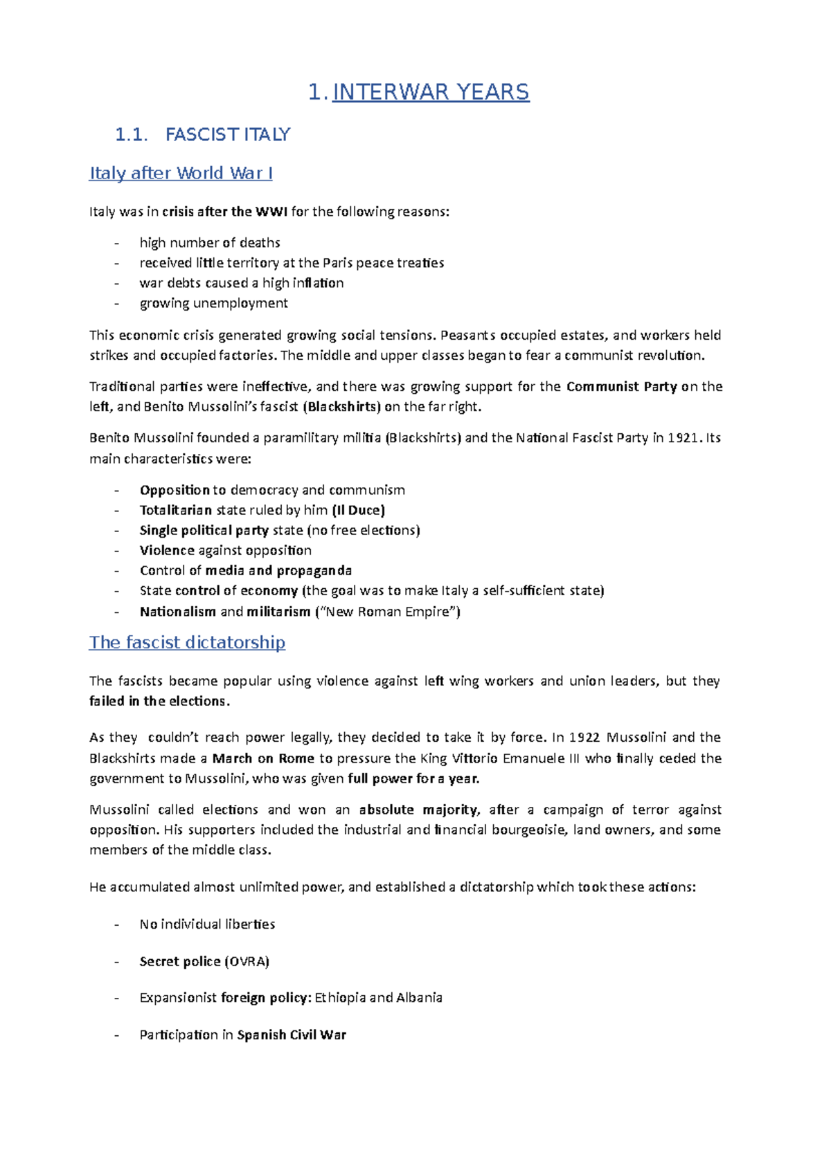 Interwar years and WWII - 1. INTERWAR YEARS 1. FASCIST ITALY Italy ...