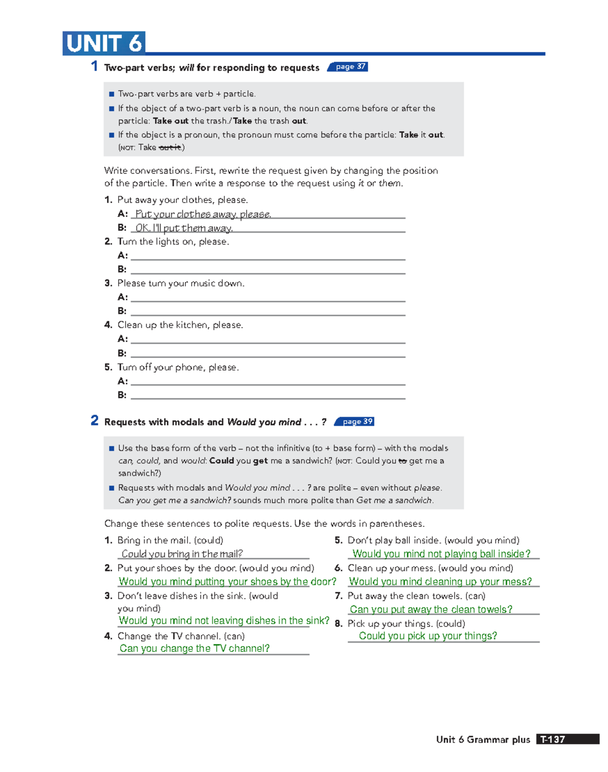 Grammar PLUS - 1 Two-part verbs; will for responding to requests page ...