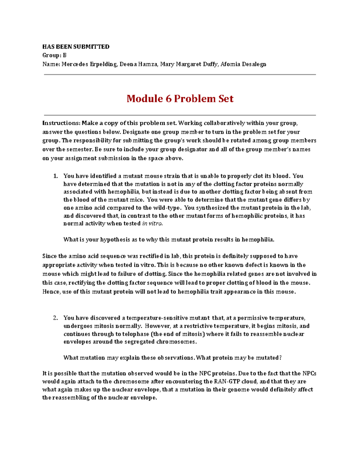 Cell Biology Module 6 Problem Set - HAS BEEN SUBMITTED Group: B Name ...