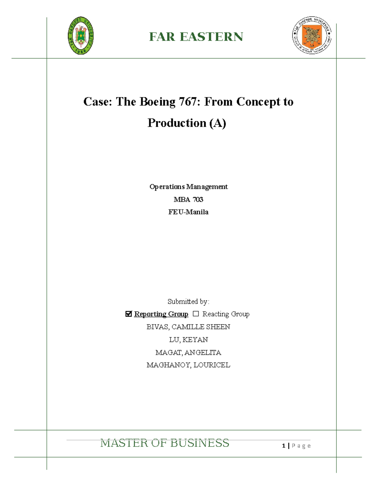 The Boeing 767 - Group 4 - a case study - MASTER OF BUSINESS Case: The ...