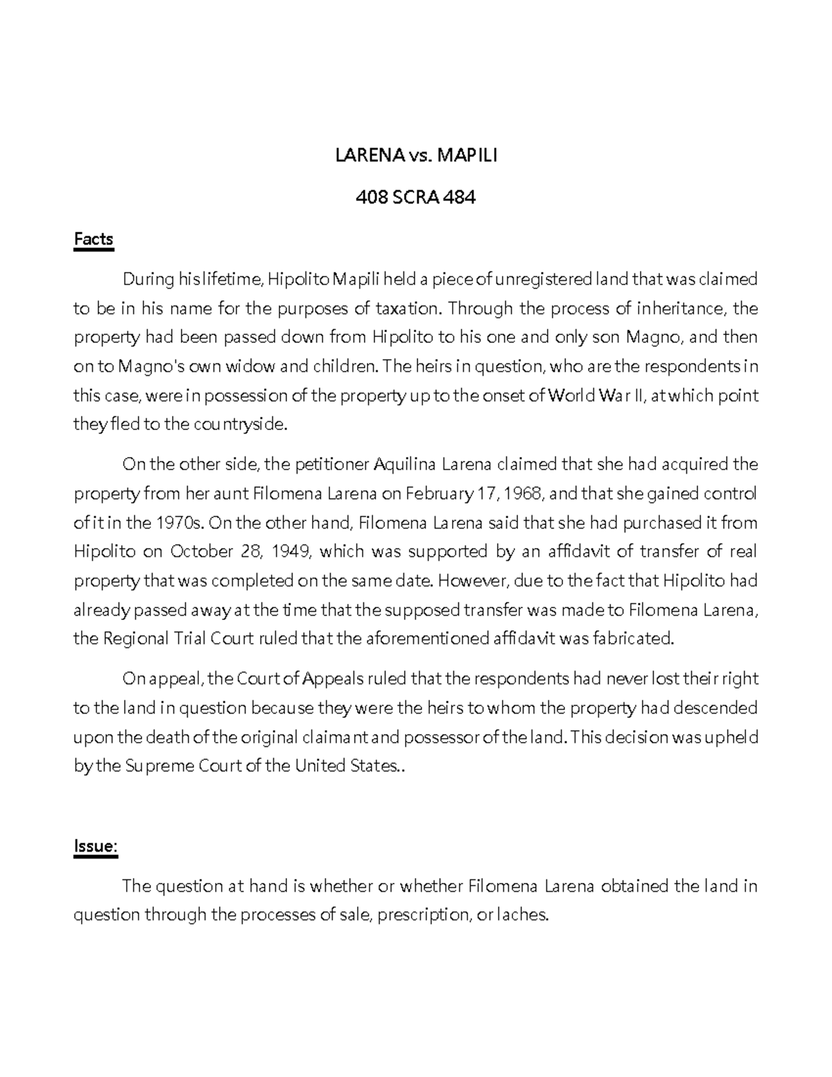 Case Digest Larena vs. Mapili - LARENA vs. MAPILI 408 SCRA 484 Facts ...