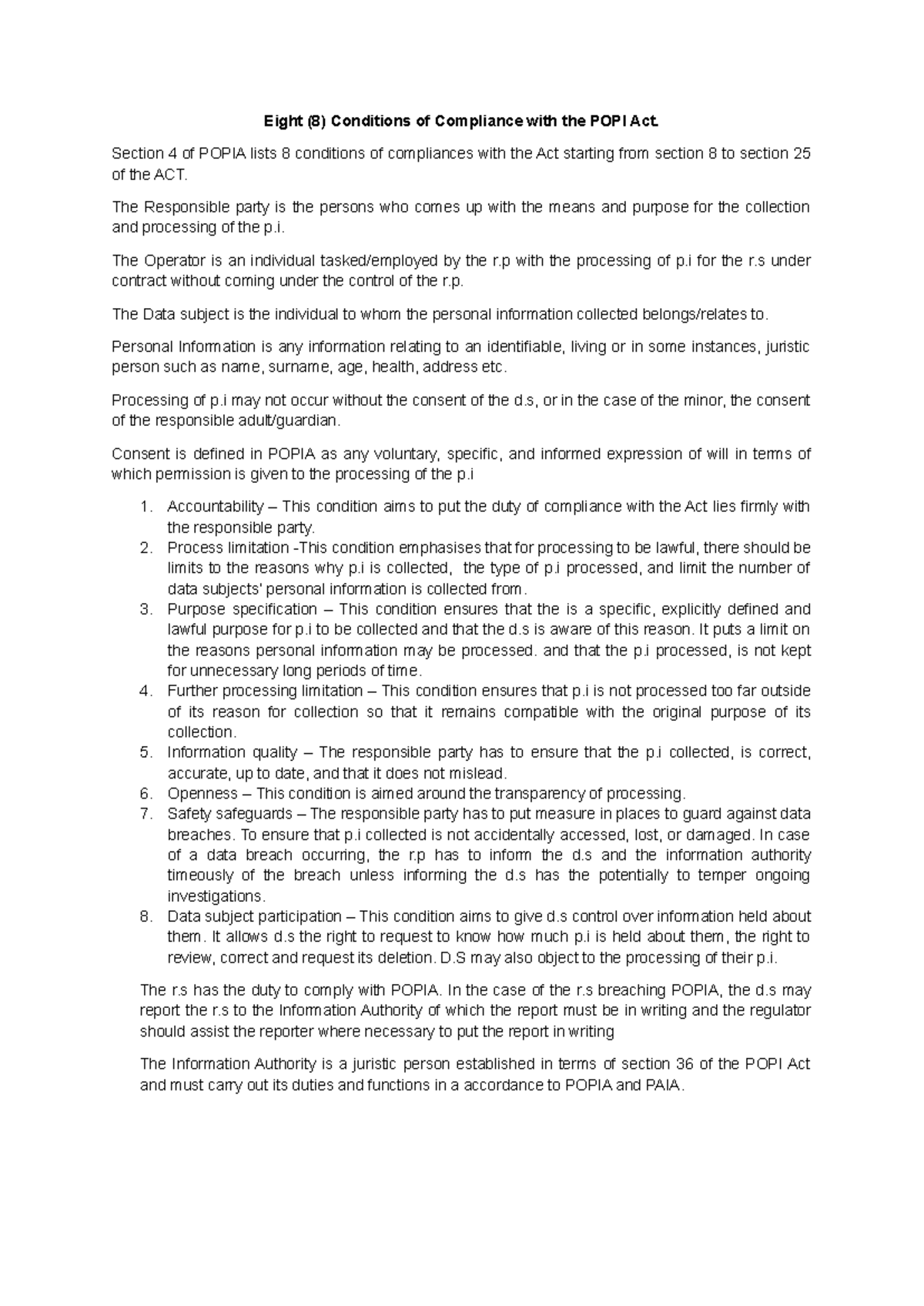 ICT Law Preparation - Assessment work - Eight (8) Conditions of ...