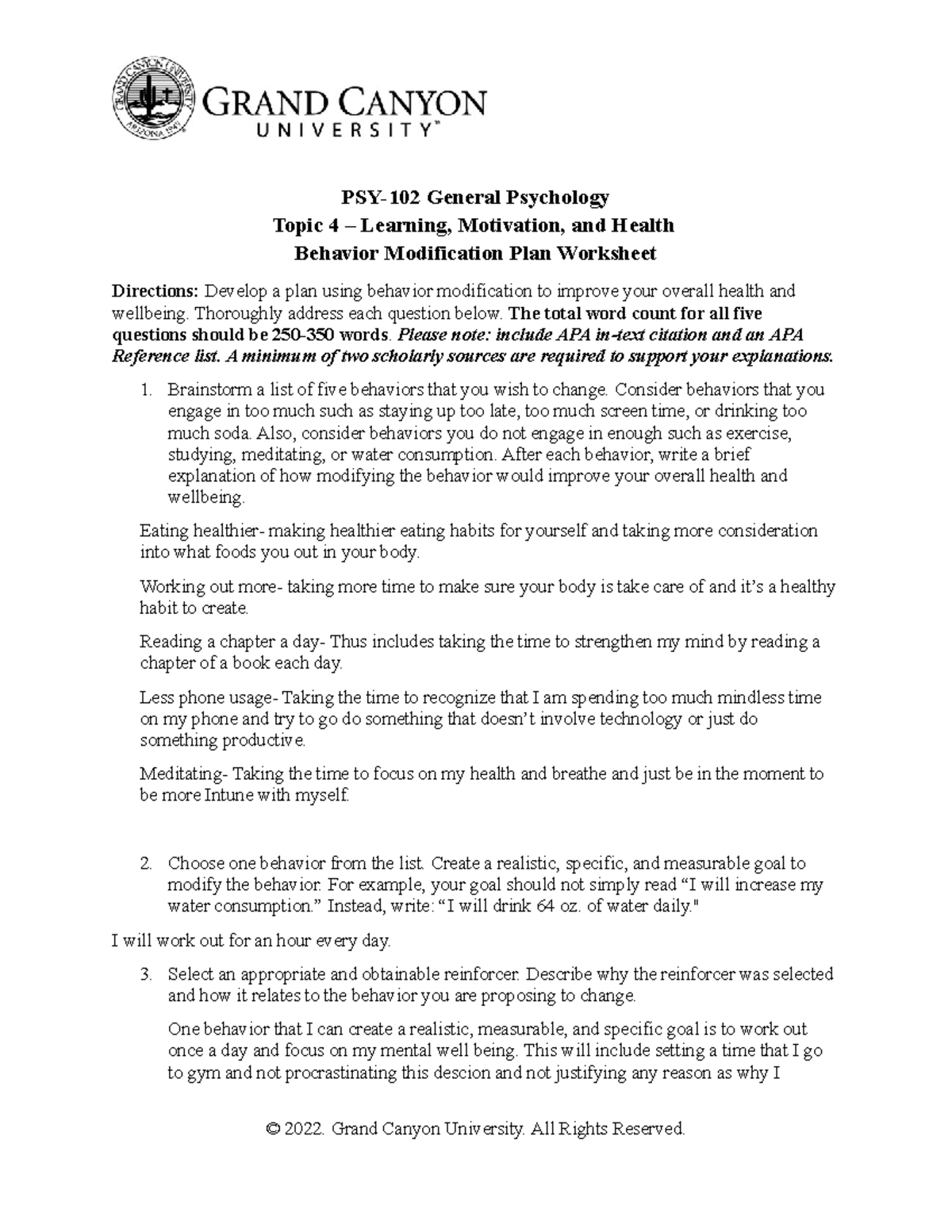 PSY 102 RS T4 Behavior Modification Plan - PSY-102 General Psychology ...