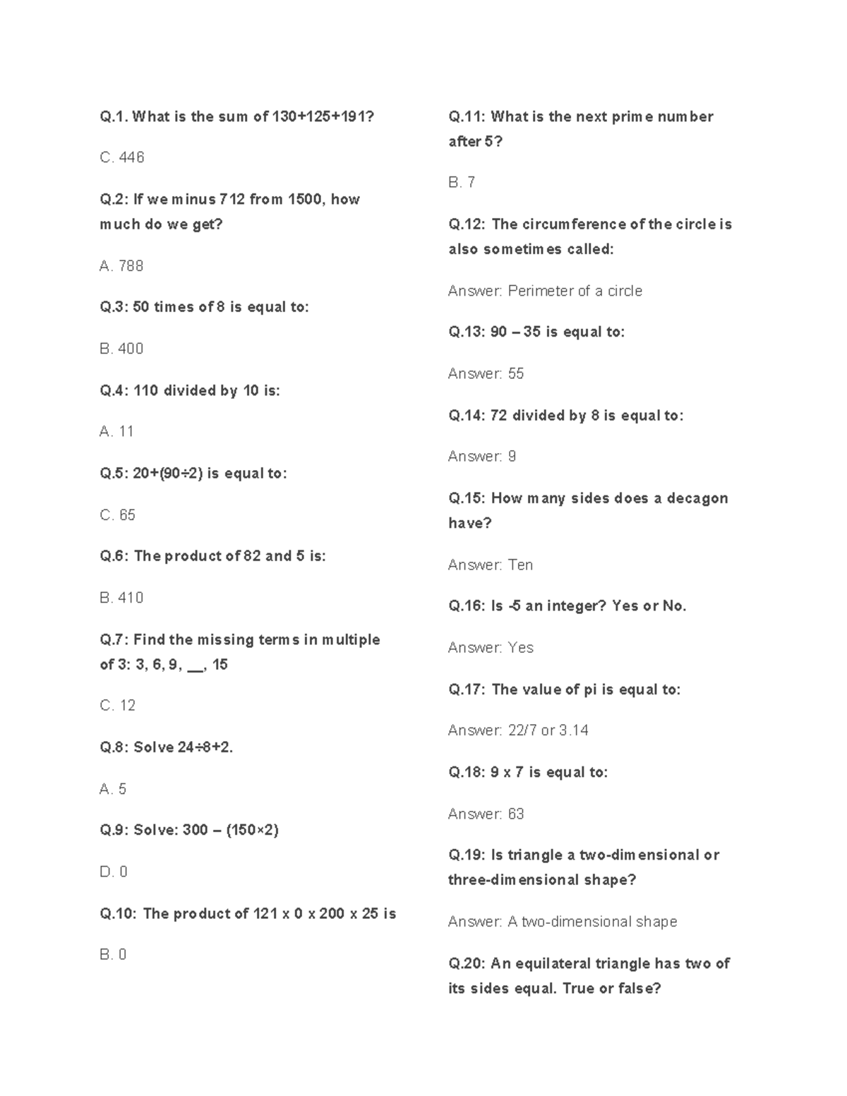 Math - Notes - Q. What is the sum of 130+125+191? C. 446 Q: If we minus ...