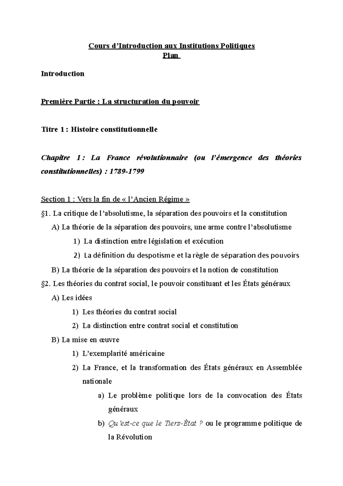 Droit Constitutionnel - Plan du cours - Cours d’Introduction aux ...
