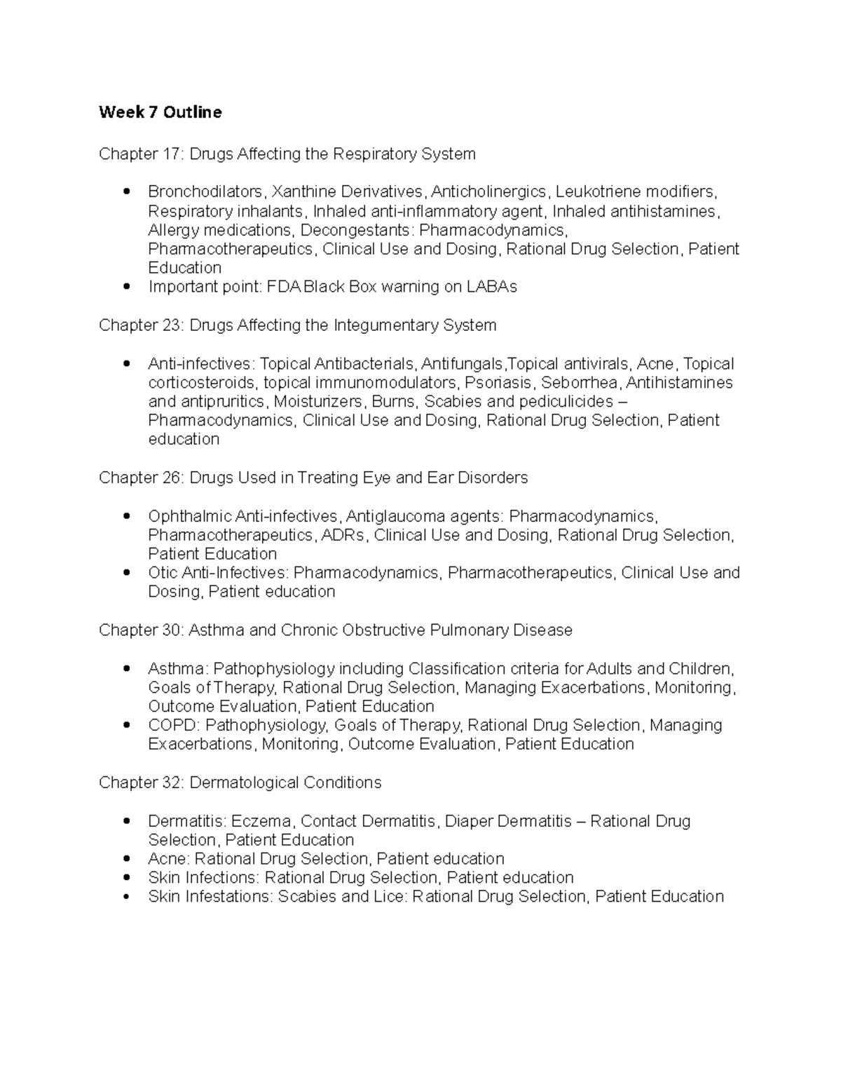 NR508 Week 7 Outline-Nov2019 - Week 7 Outline Chapter 17: Drugs ...