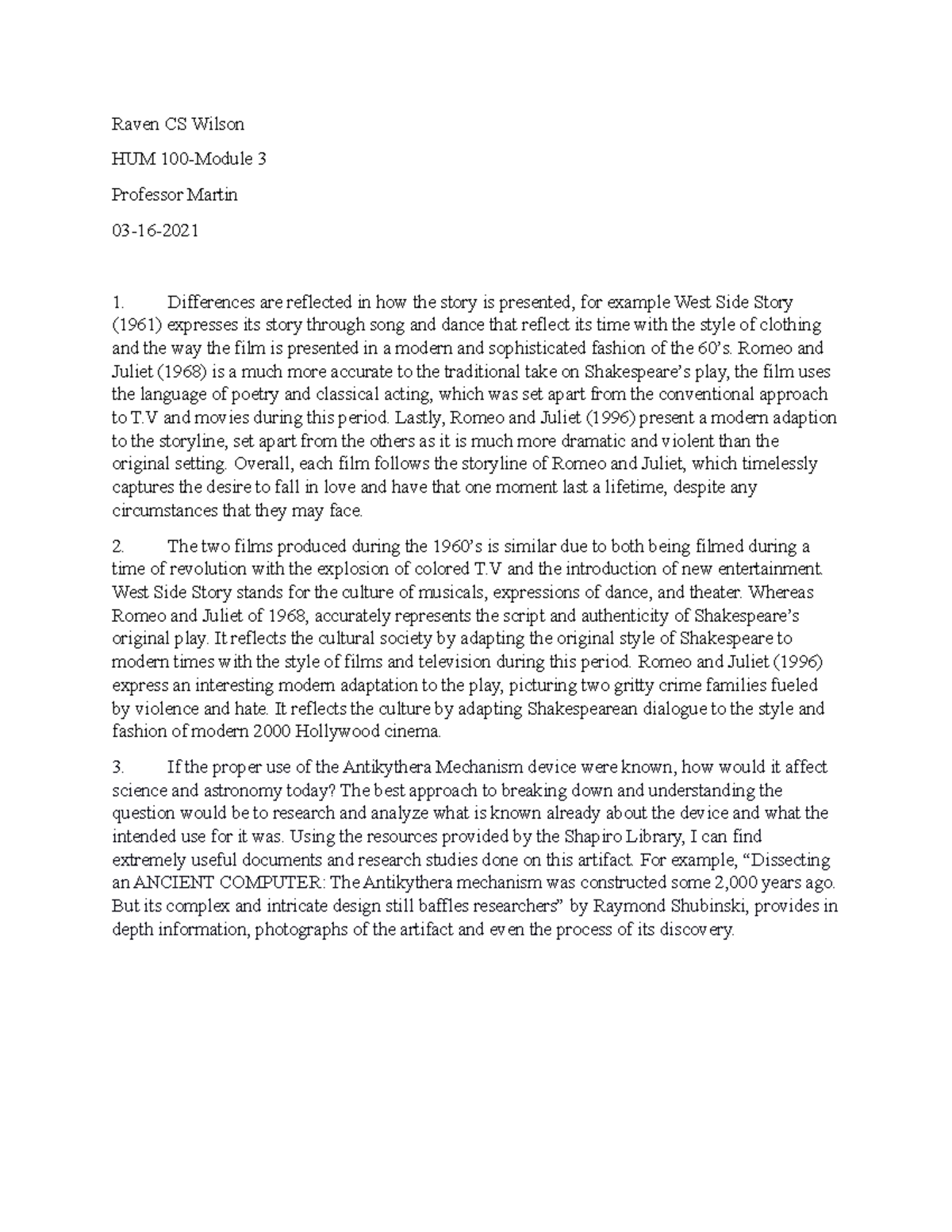 HUM100-Module 3, Short Answer - Raven CS Wilson HUM 100-Module 3 ...