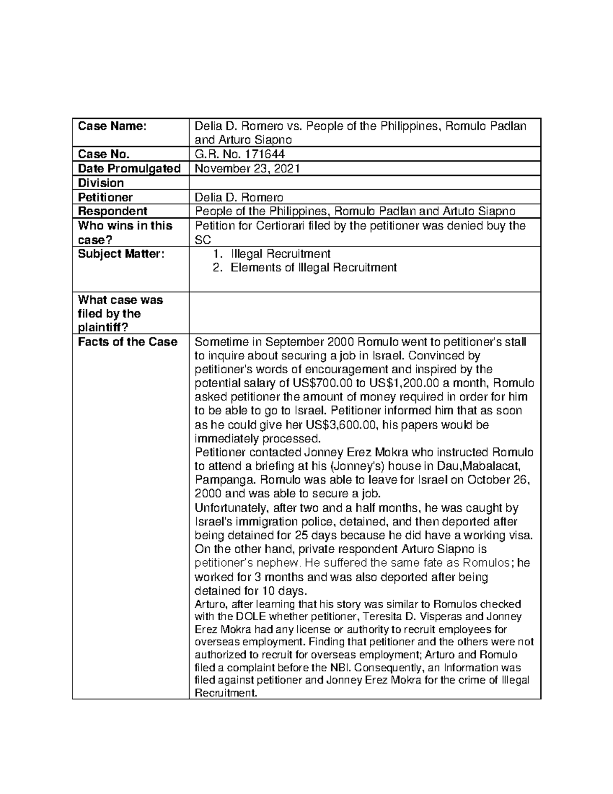 1. Delia Romero vs. People of the Philippines et. al. G.R. No.171644 ...