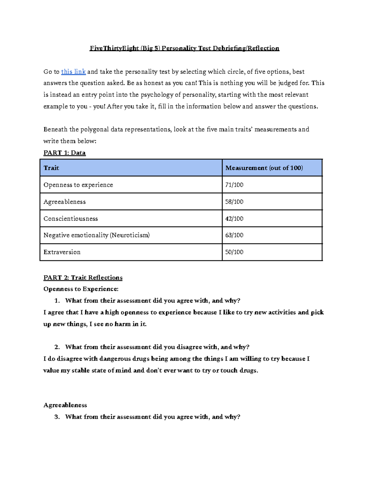 Five Thirty Eight Personality Test Debriefing Reflection ...