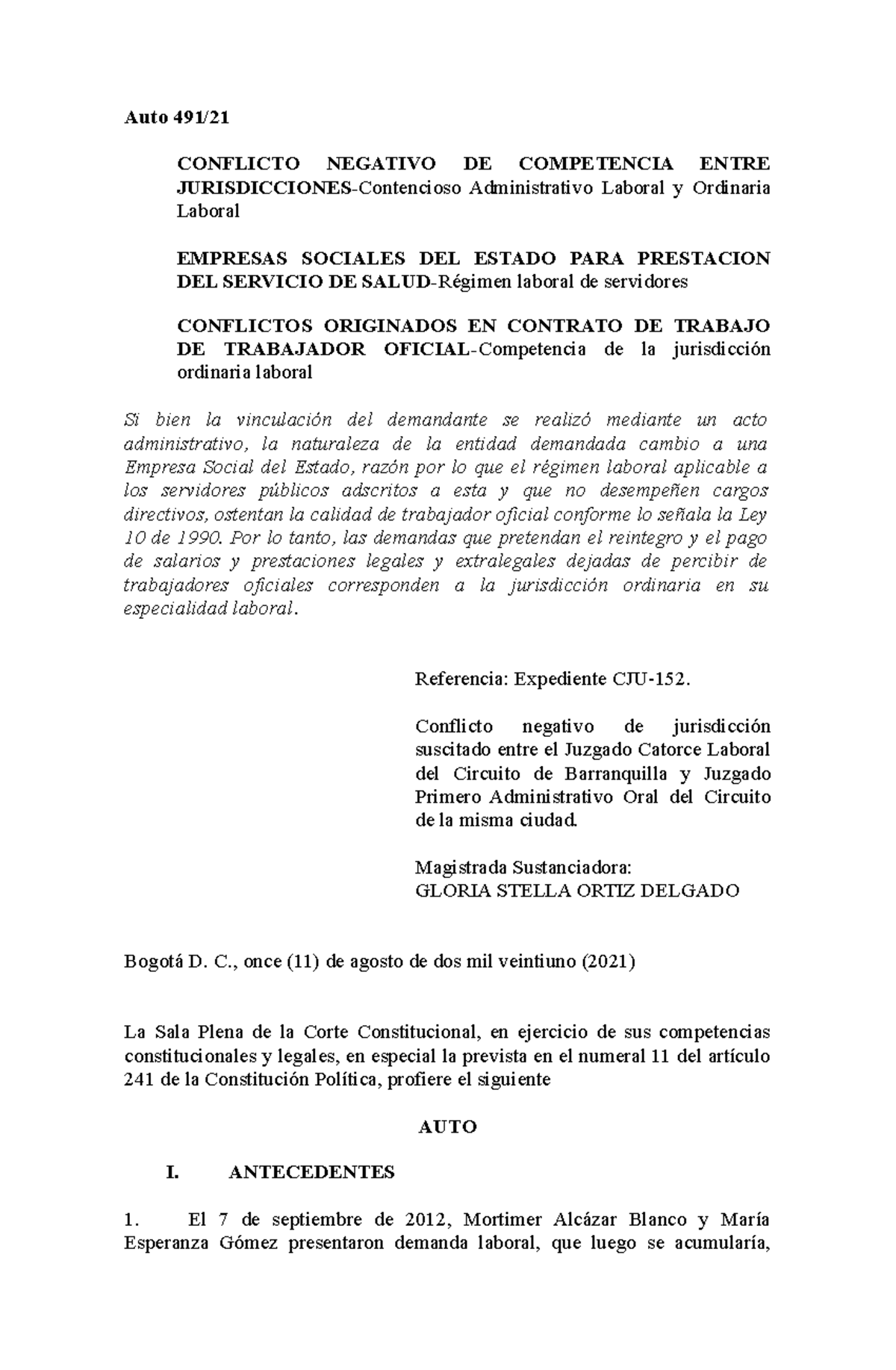 A491 21 Sentencia Auto 491 Conflicto Negativo De Competencia Entre