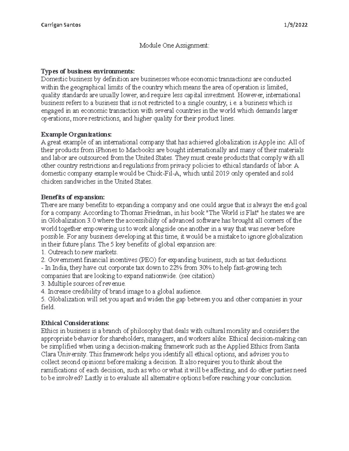Module One Assignment - Type of Business Environments - Carrigan Santos ...