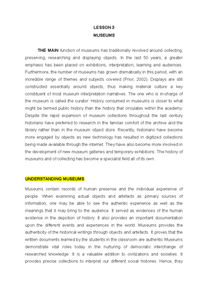 Lesson 3 ThE Museum History in full analysis - LESSON 3 MUSEUMS THE ...