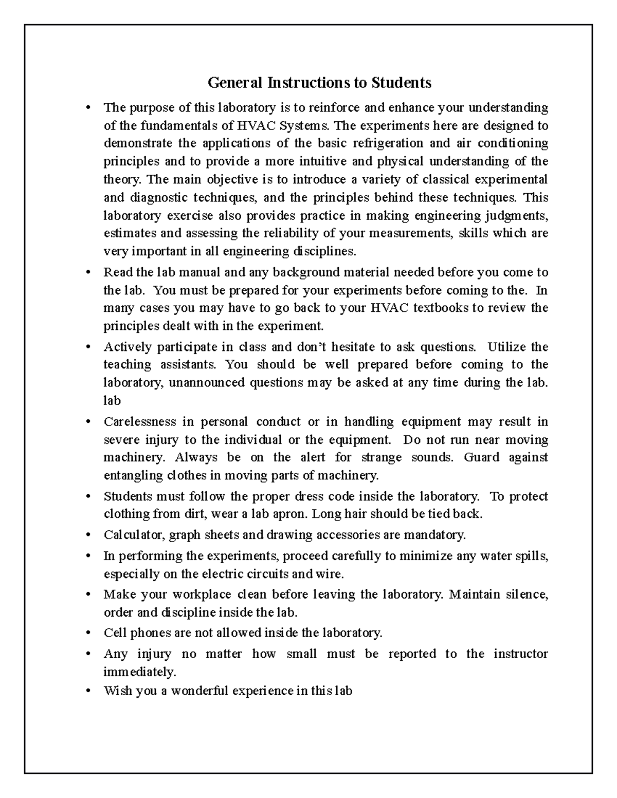 Safety - General Instructions to Students The purpose of this ...