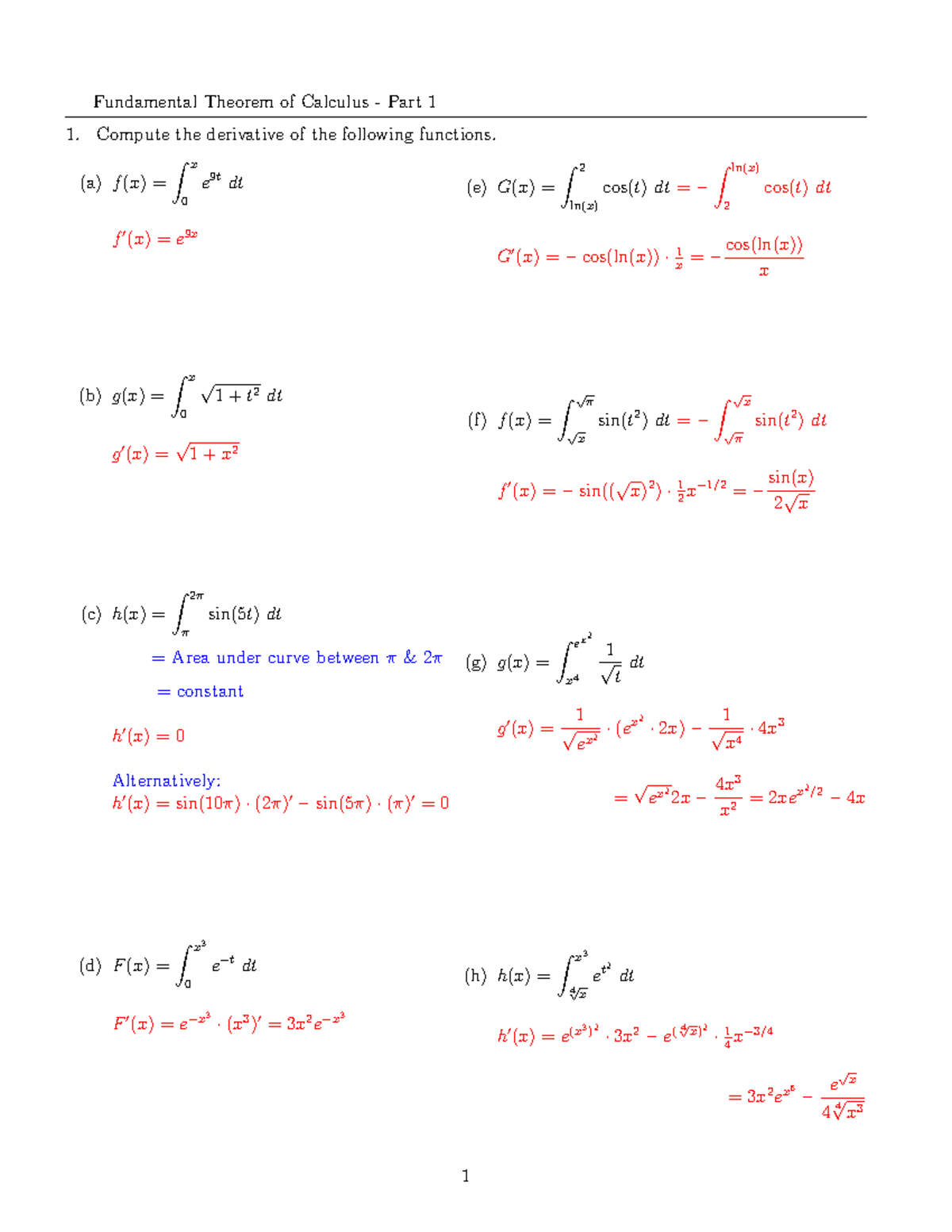31 Fundamental Thm Part 1 Key - Fundamental Theorem of Calculus - Part 1 Compute the derivative ...