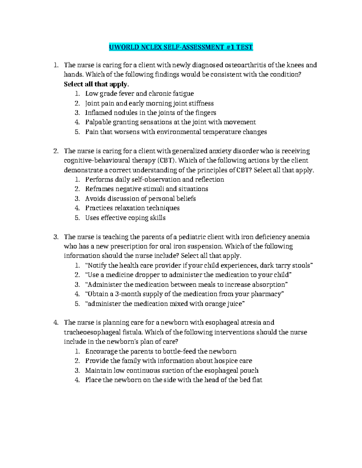 Uworld Nclex SELF- Assessment #1 TEST - UWORLD NCLEX SELF-ASSESSMENT #1 ...