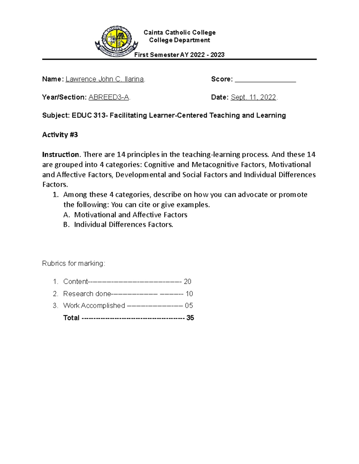 Lawrence John Ilarina - Activity#3- EDUC 313- Facilitating - Cainta ...