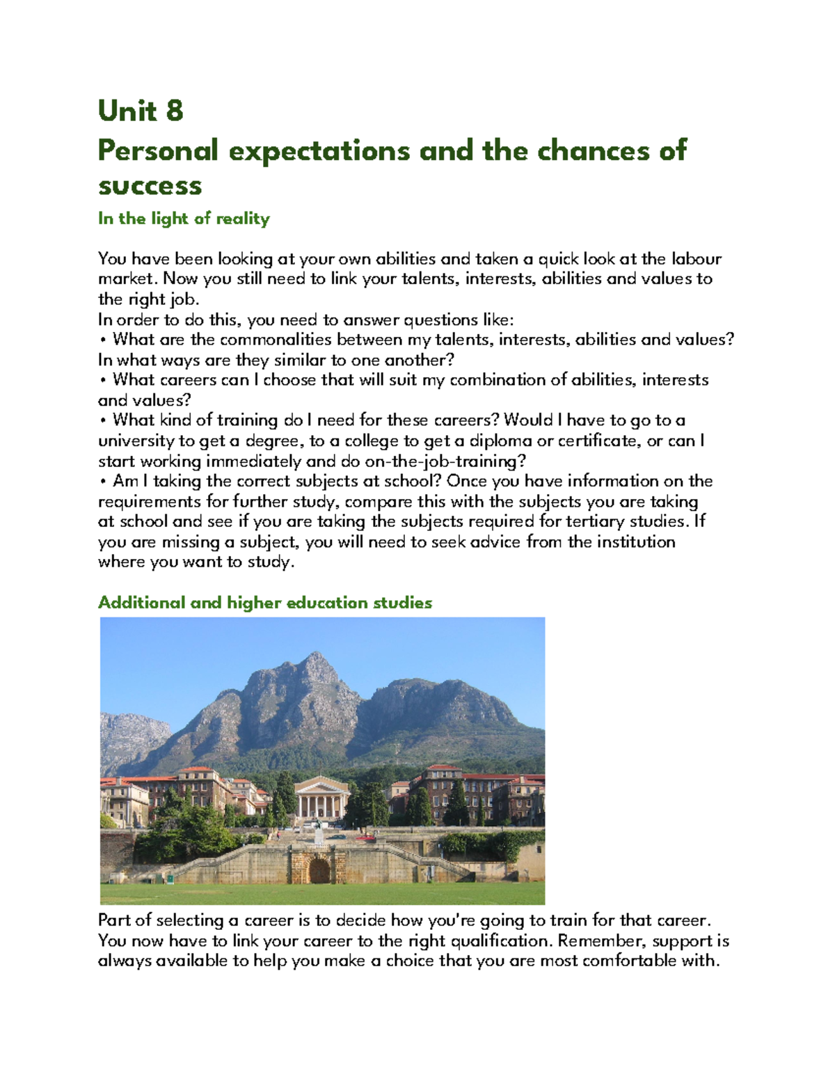 Unit 8 - Personal expectations and the chances of success - Unit 8 ...