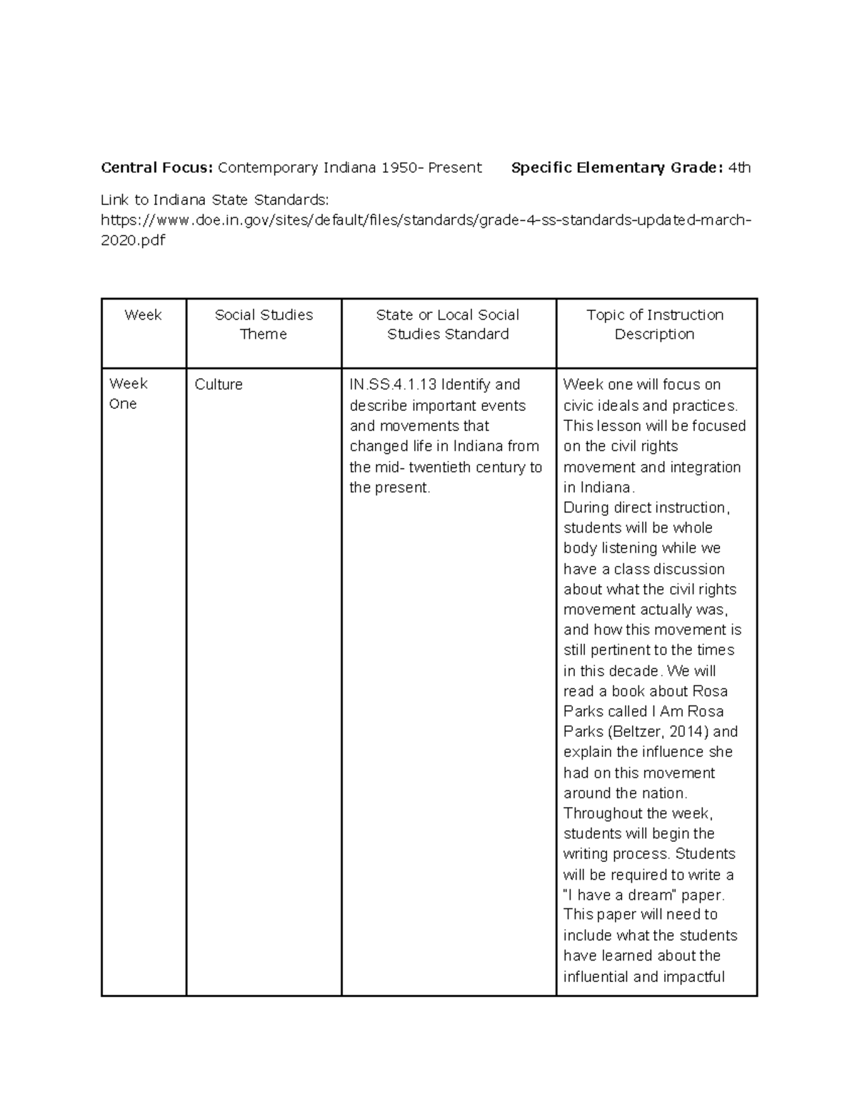 Social Studies Methods Part 1 - Central Focus: Contemporary Indiana ...