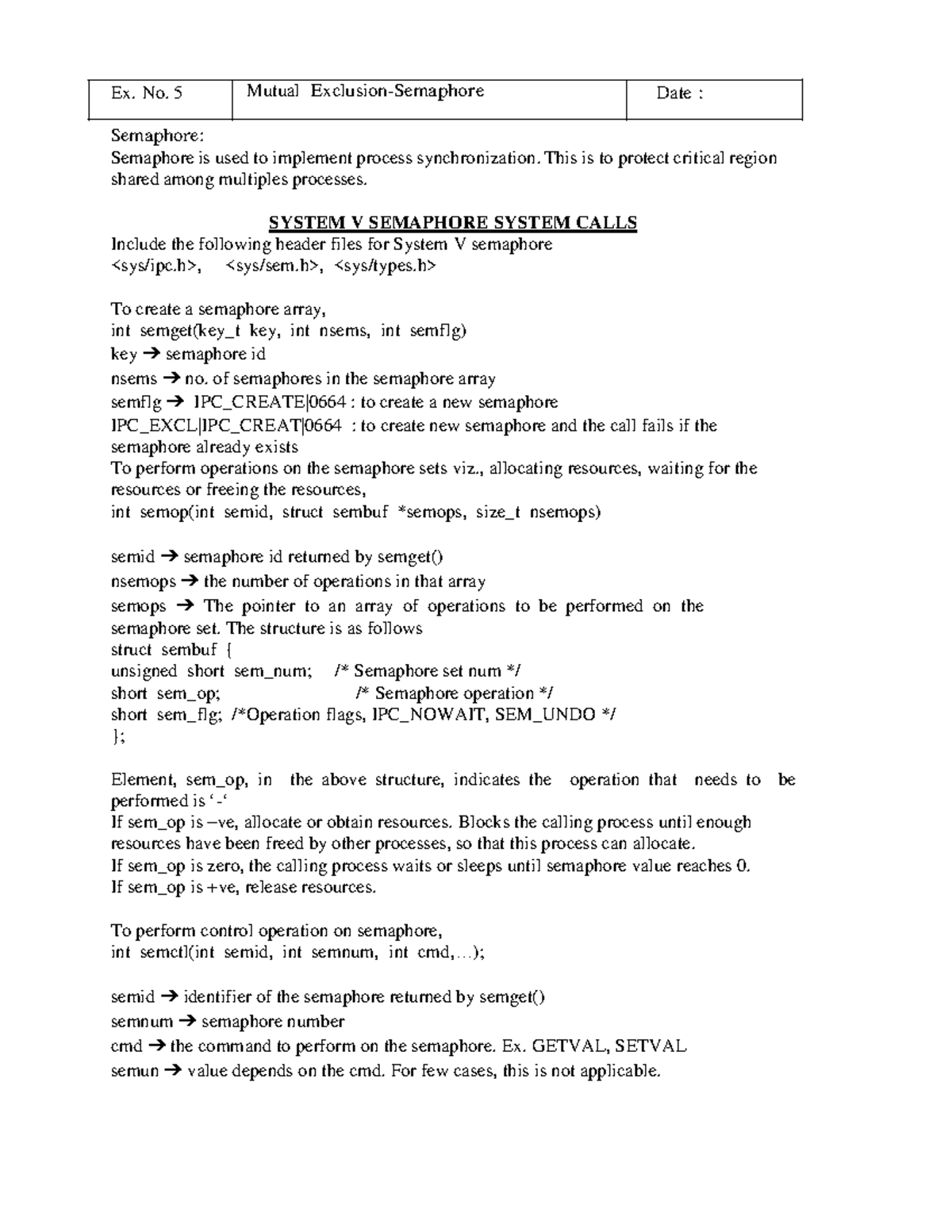 EX NO 5 Mutual Exclusion using semaphore students copy - Ex. No. 5 ...