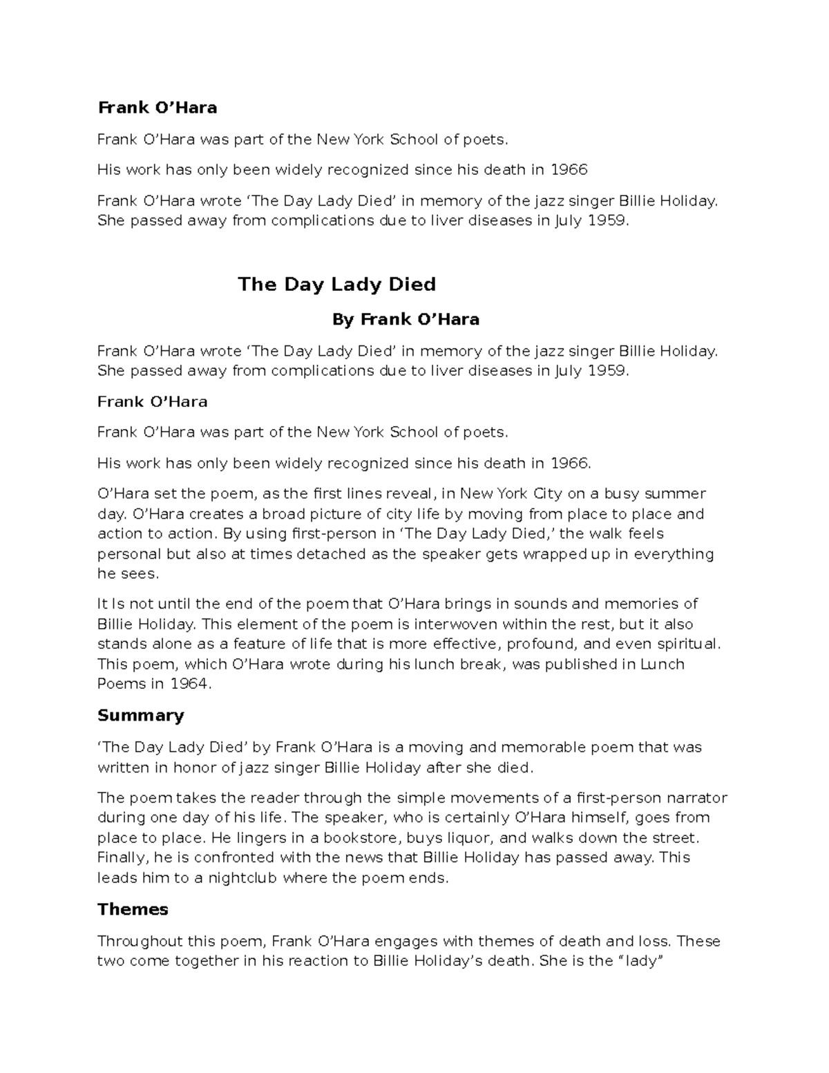 The day lady died - Frank O’Hara Frank O’Hara was part of the New York ...