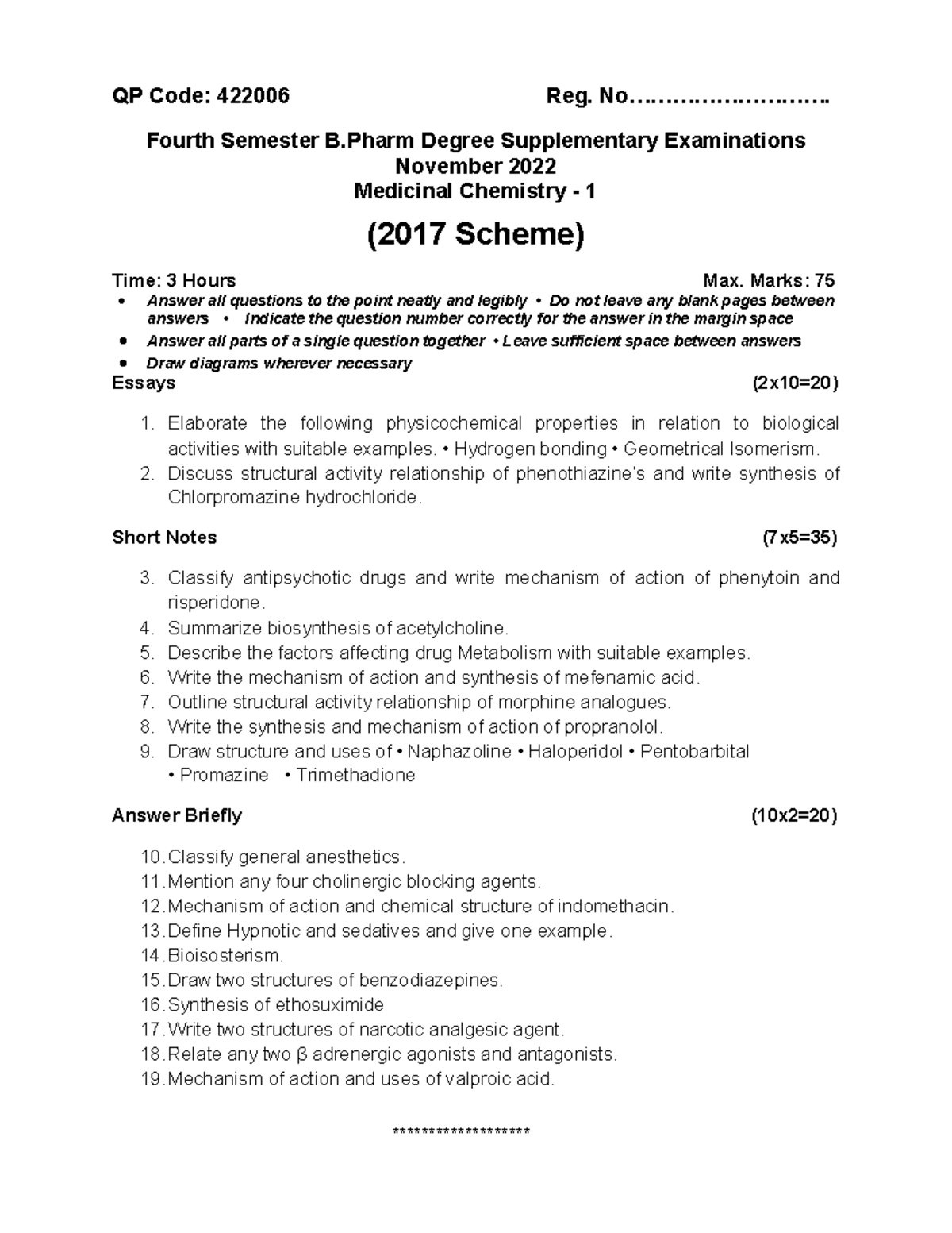 Medicinal chemistry previous year question paper November 2022 - QP Code: 422006 Reg. - Studocu