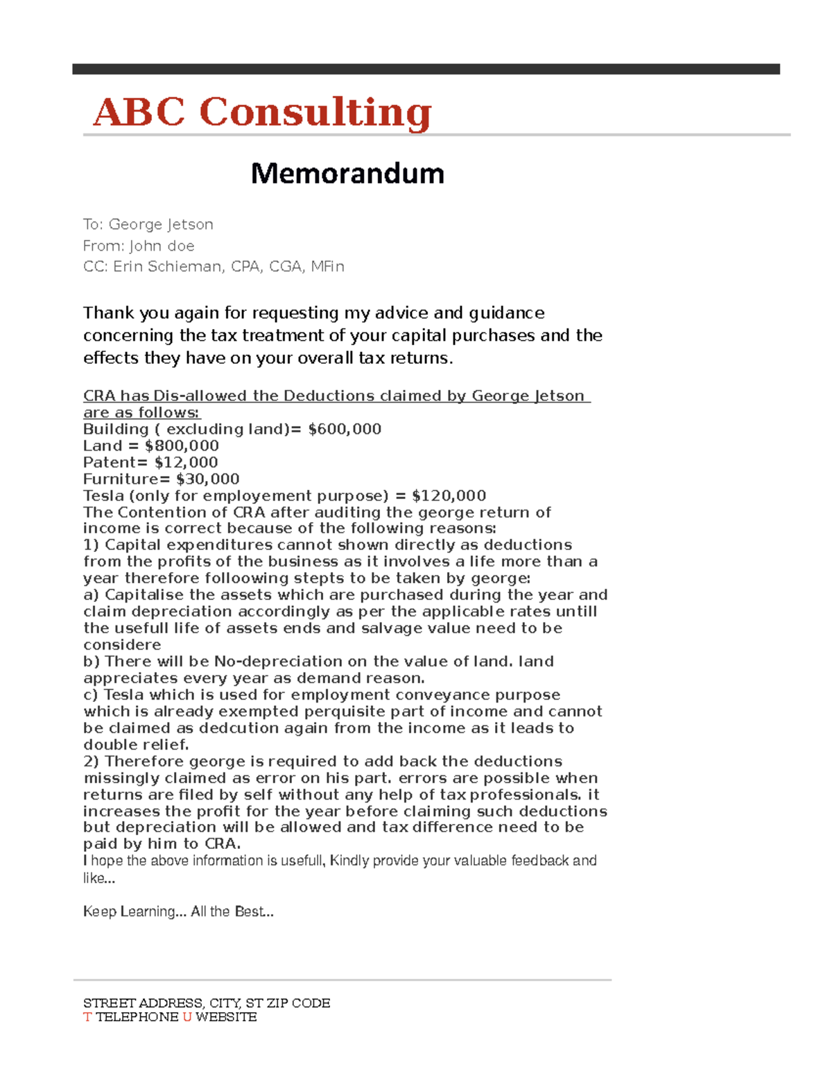 Example - Format for Tax Communication Memo23 - ACCT 2028 - George ...