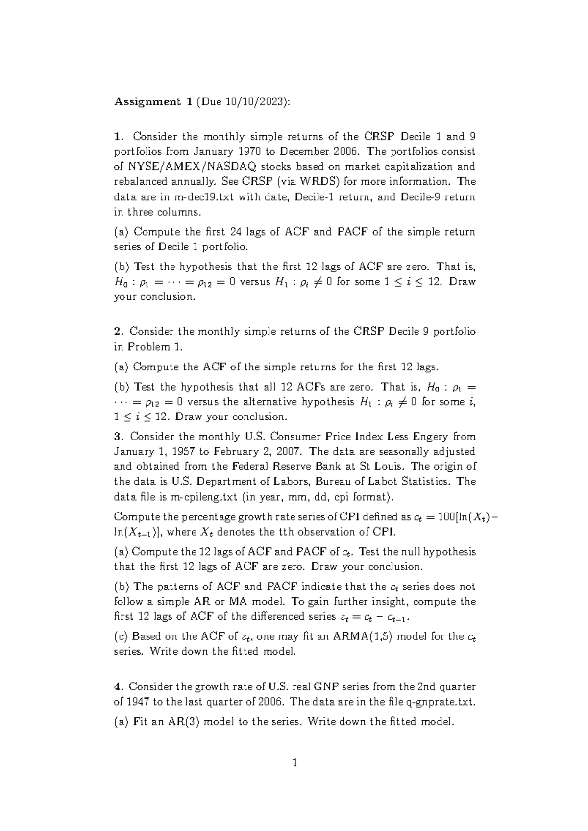 Assignment 1D - The portfolios consist of NYSE/AMEX/NASDAQ stocks based on market capitalization ...
