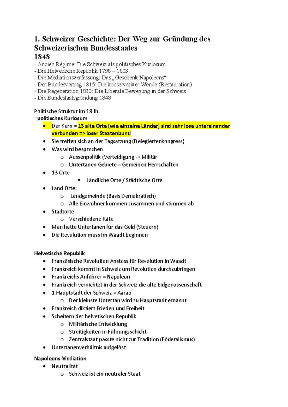 Geschichte Matura - 1. Schweizer Geschichte: Der Weg zur Gründung des ...
