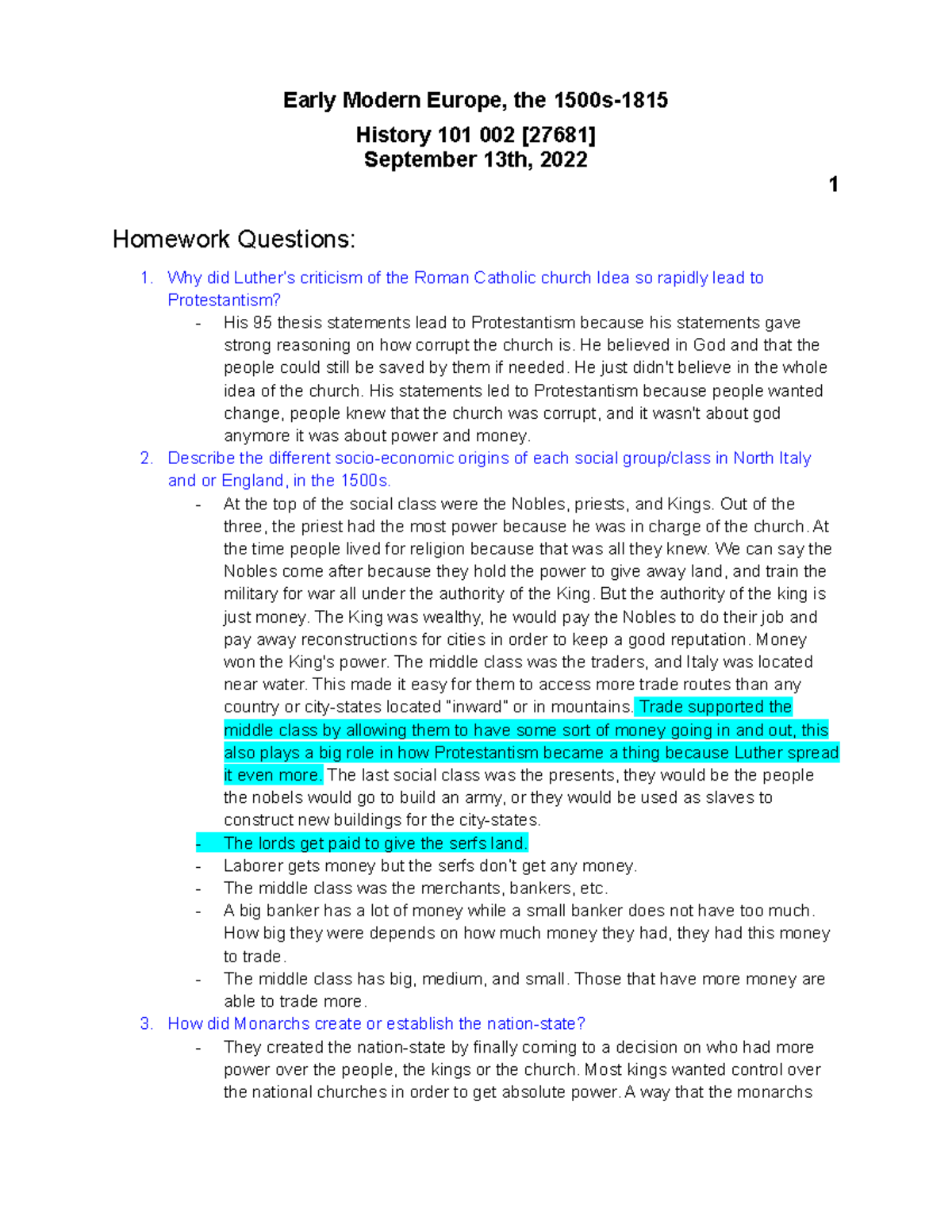 Early Modern Europe, the 1500s-1815 History 101 002 [27681 ] September ...