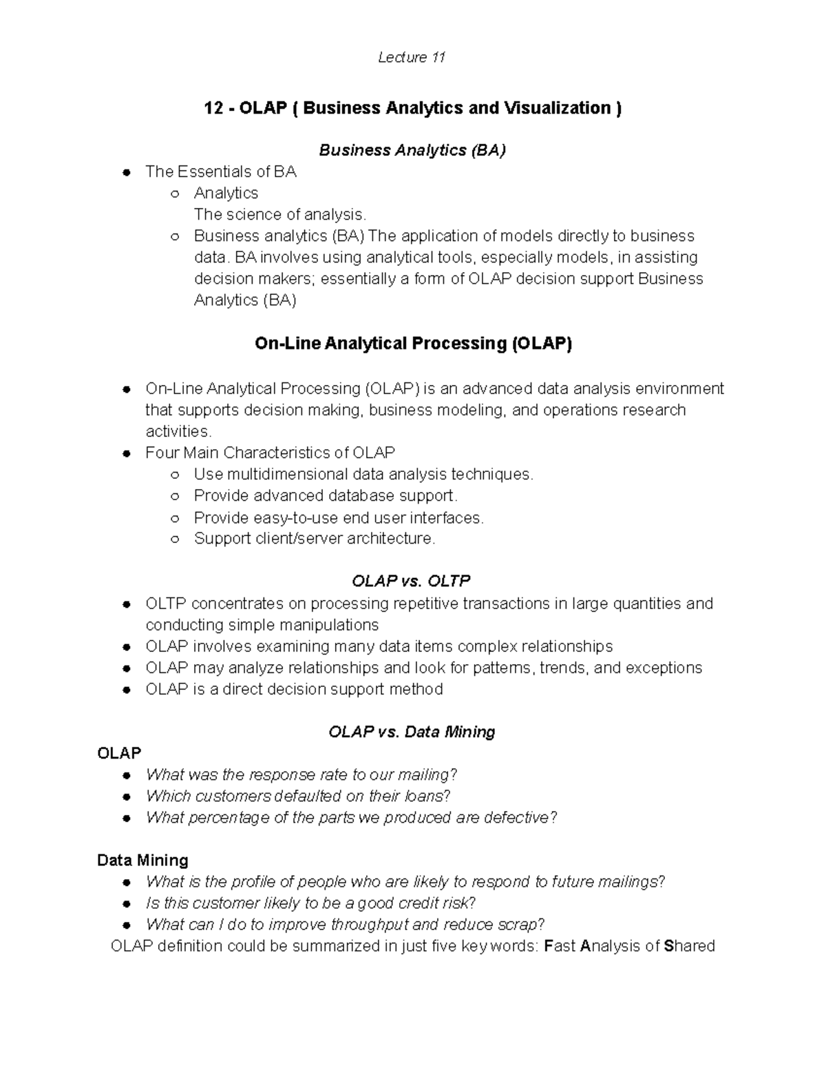 Lecture 11 - OLAP ( Business Analytics and Visualization ) - 12 - OLAP ...