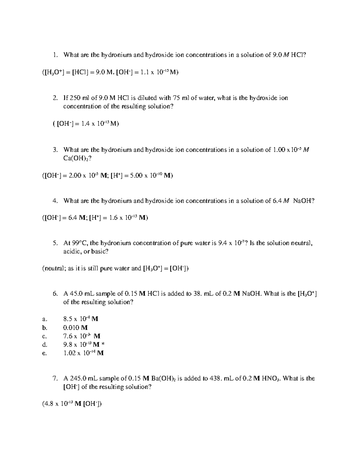 Acids and Bases Problem Set 1 questions & Answers - 1. What are the ...