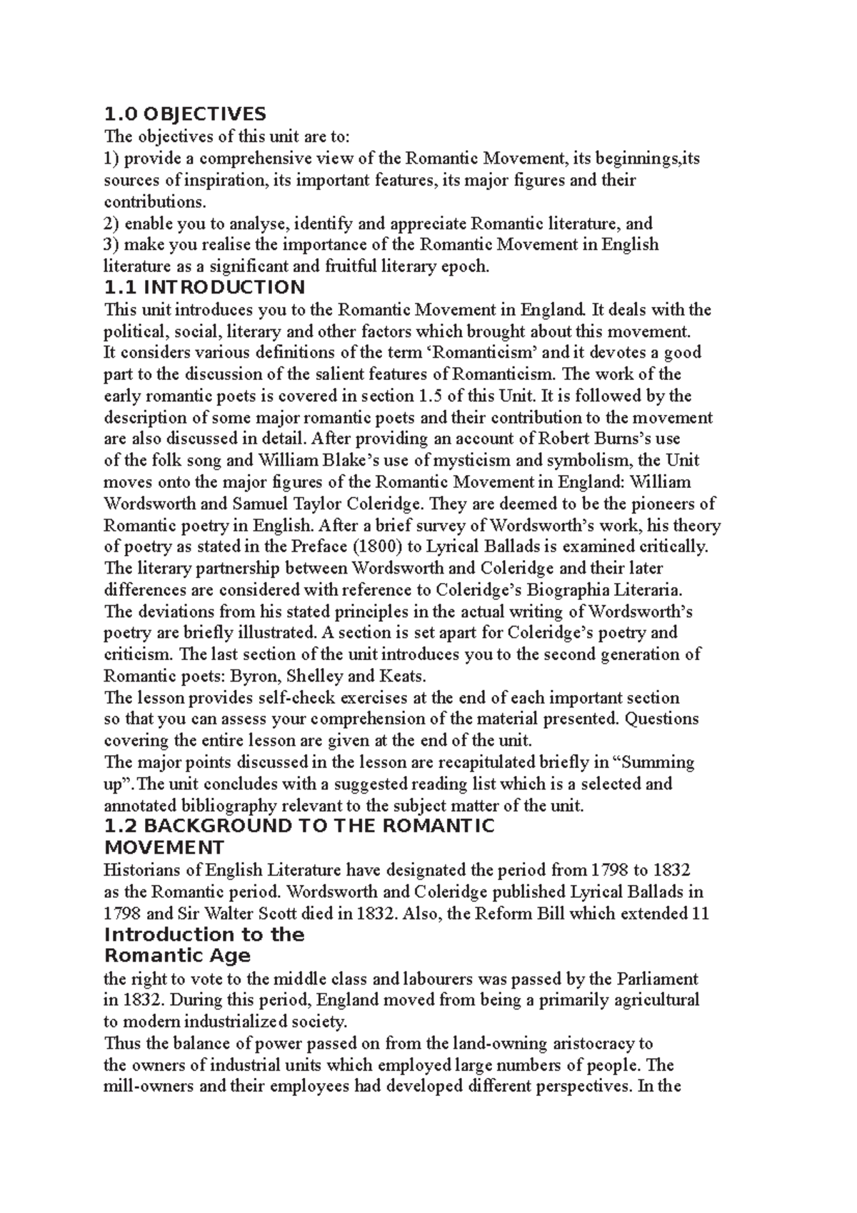 Introduction TO THE Romantic AGE - 1 OBJECTIVES The objectives of this ...