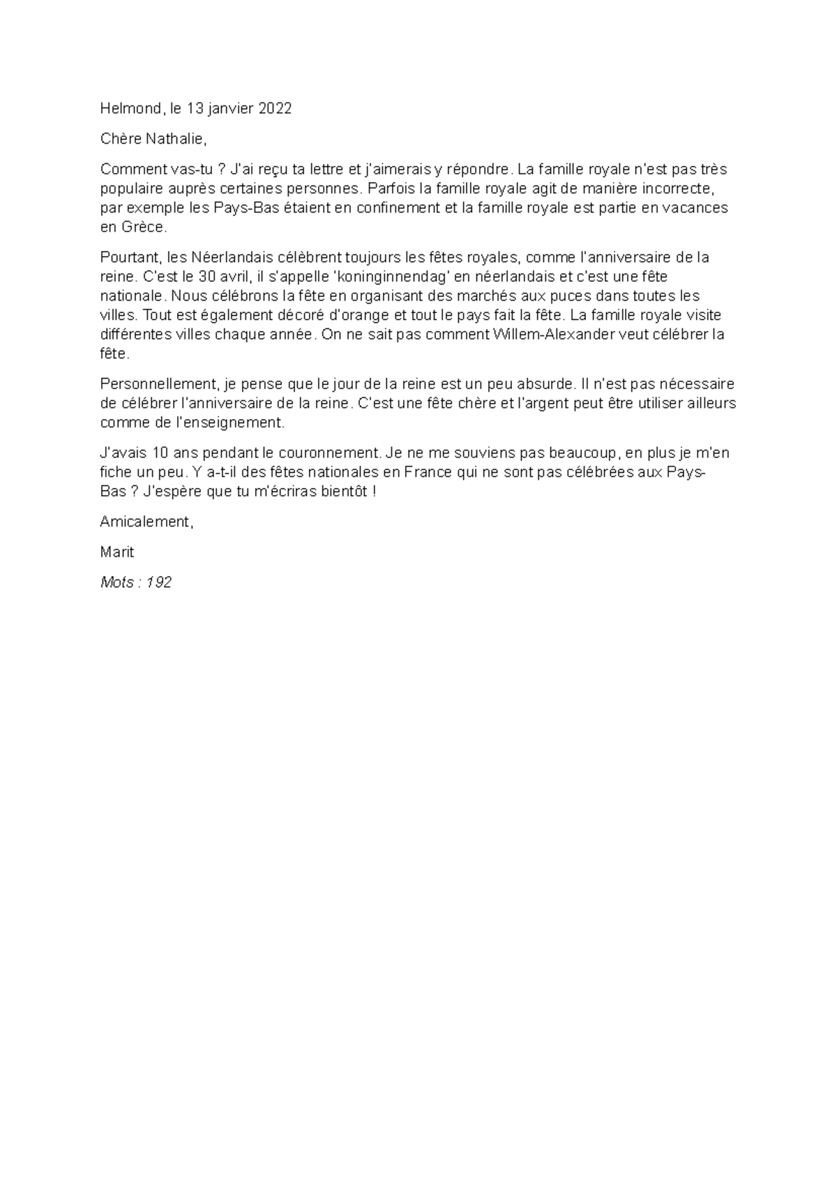 Oefenbrief frans informeel (koninginnedag) - Helmond, le 13 janvier ...