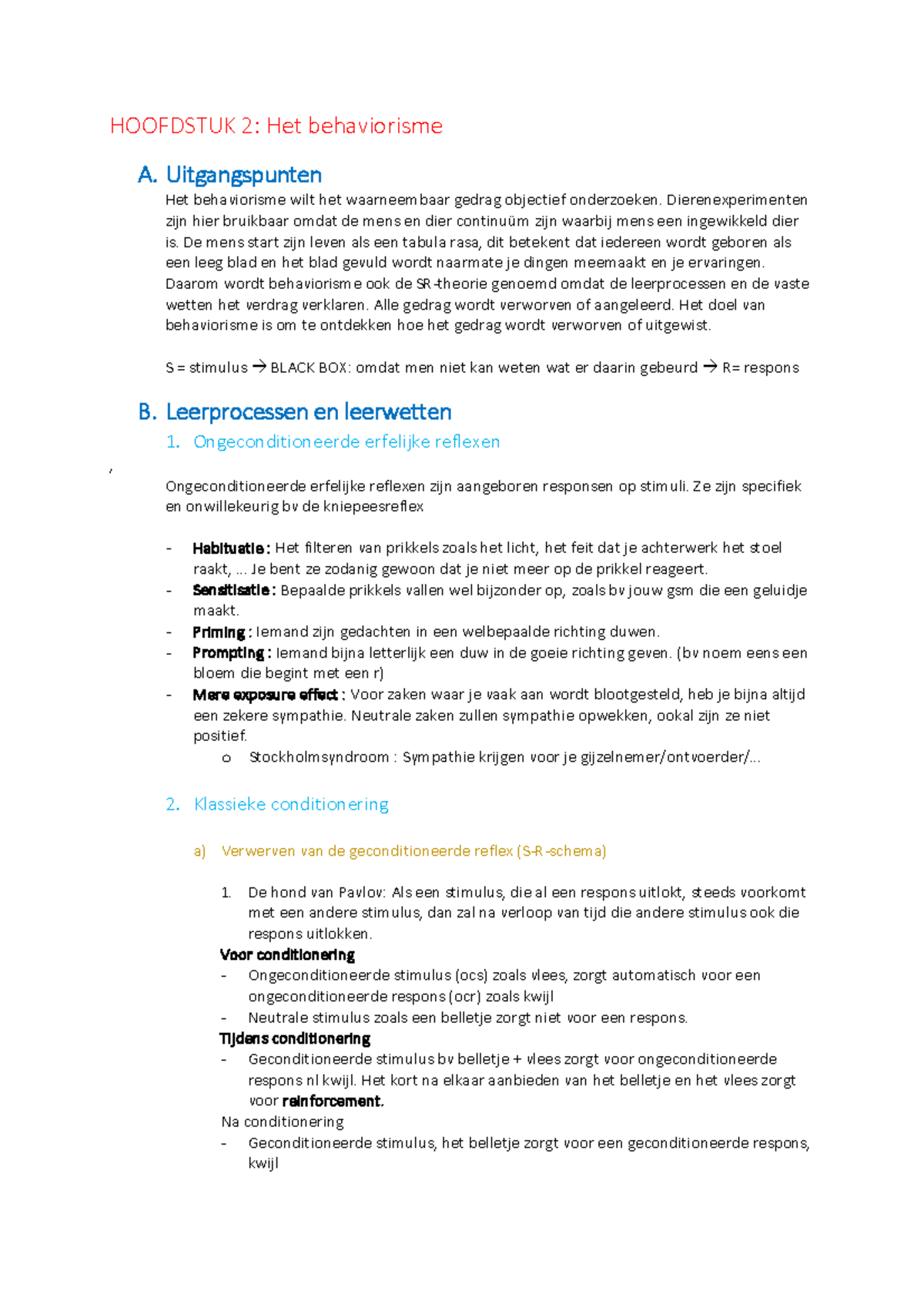 Samenvatting psychologie - HOOFDSTUK 2: Het behaviorisme A ...