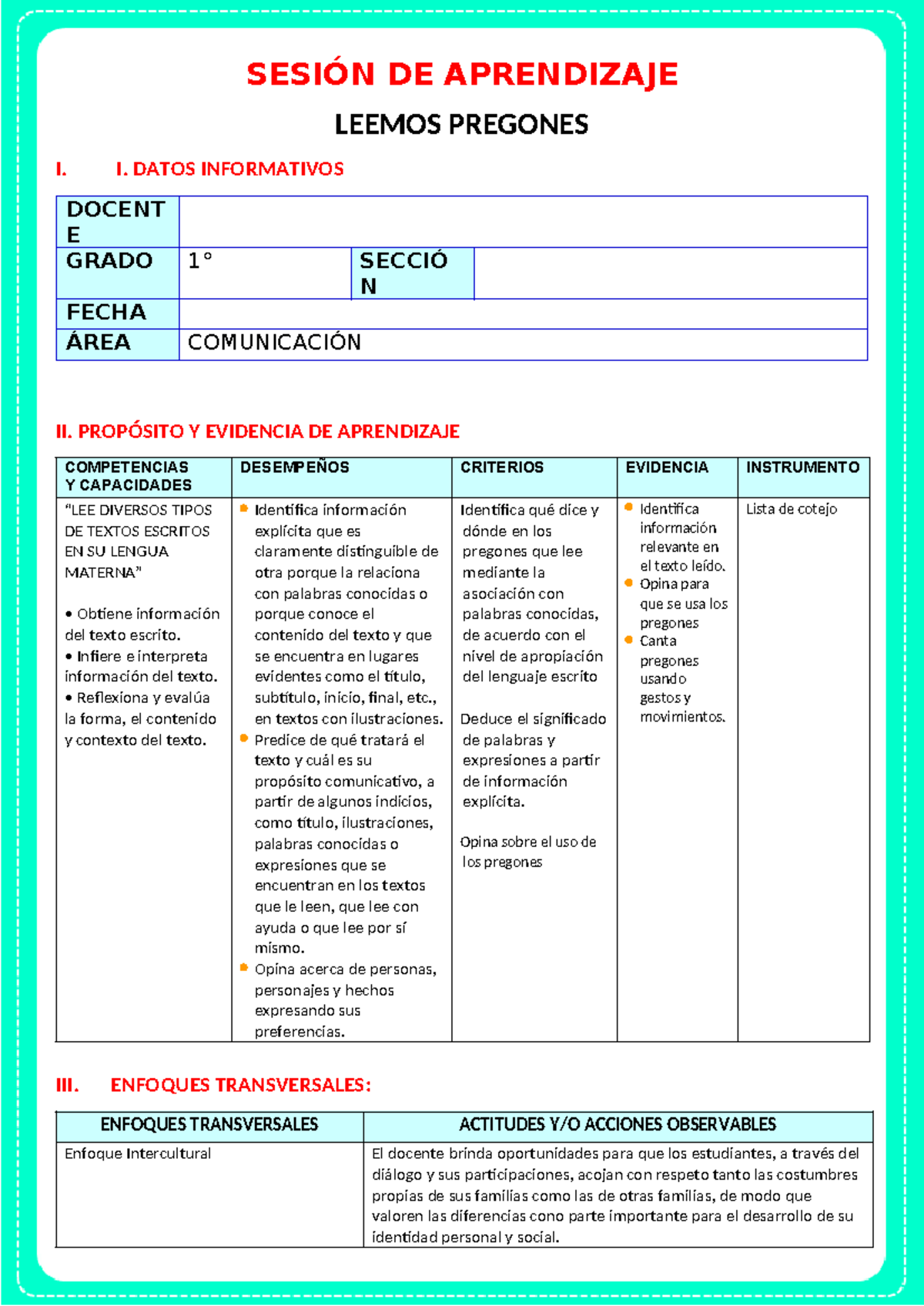 Sesion DE LOS Pregones - Primer grado - SESIÓN DE APRENDIZAJE LEEMOS ...