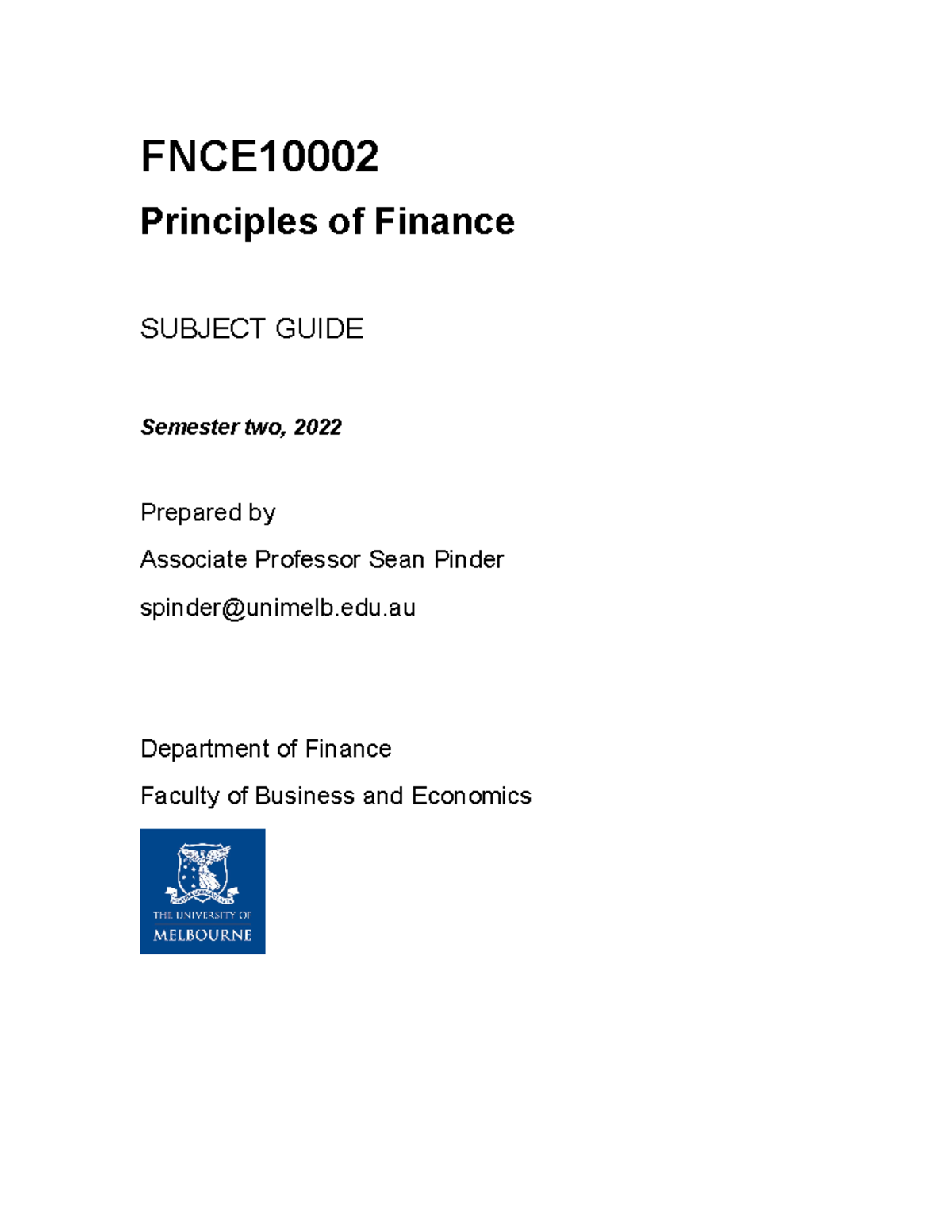 Subject guide July 2022 - FNCE Principles of Finance SUBJECT GUIDE ...