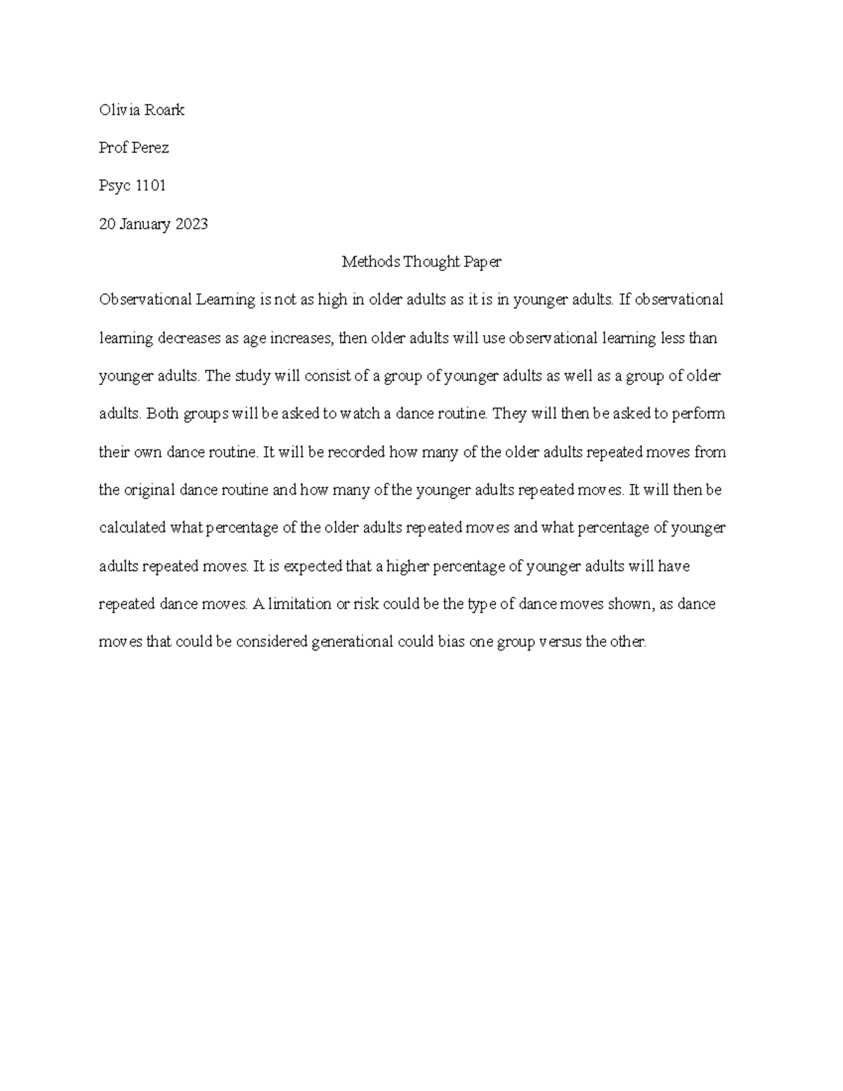 Thought Paper #1 - Olivia Roark Prof Perez Psyc 1101 20 January 2023 ...