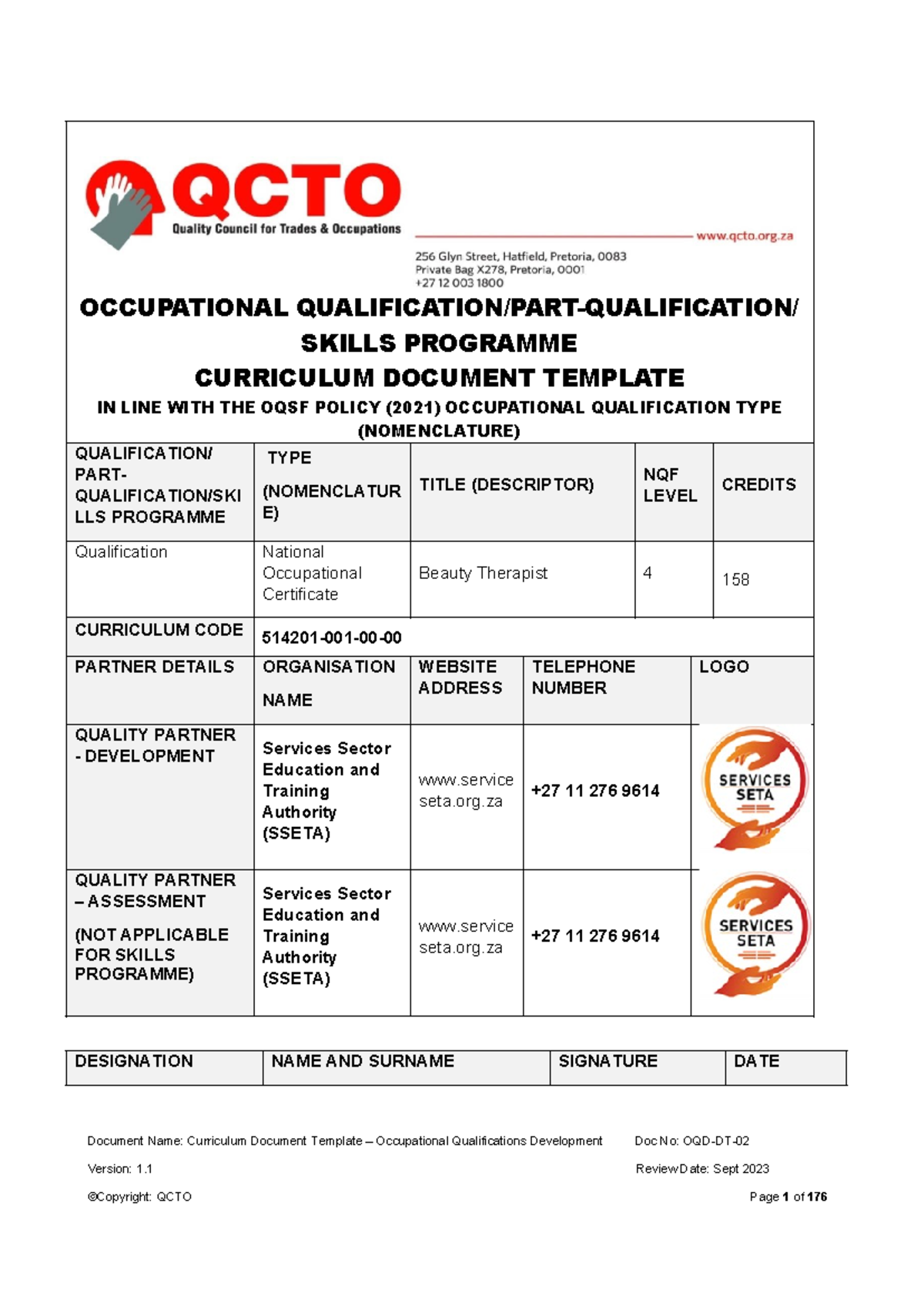Beauty Therapist Curriculum - OCCUPATIONAL QUALIFICATION/PART ...