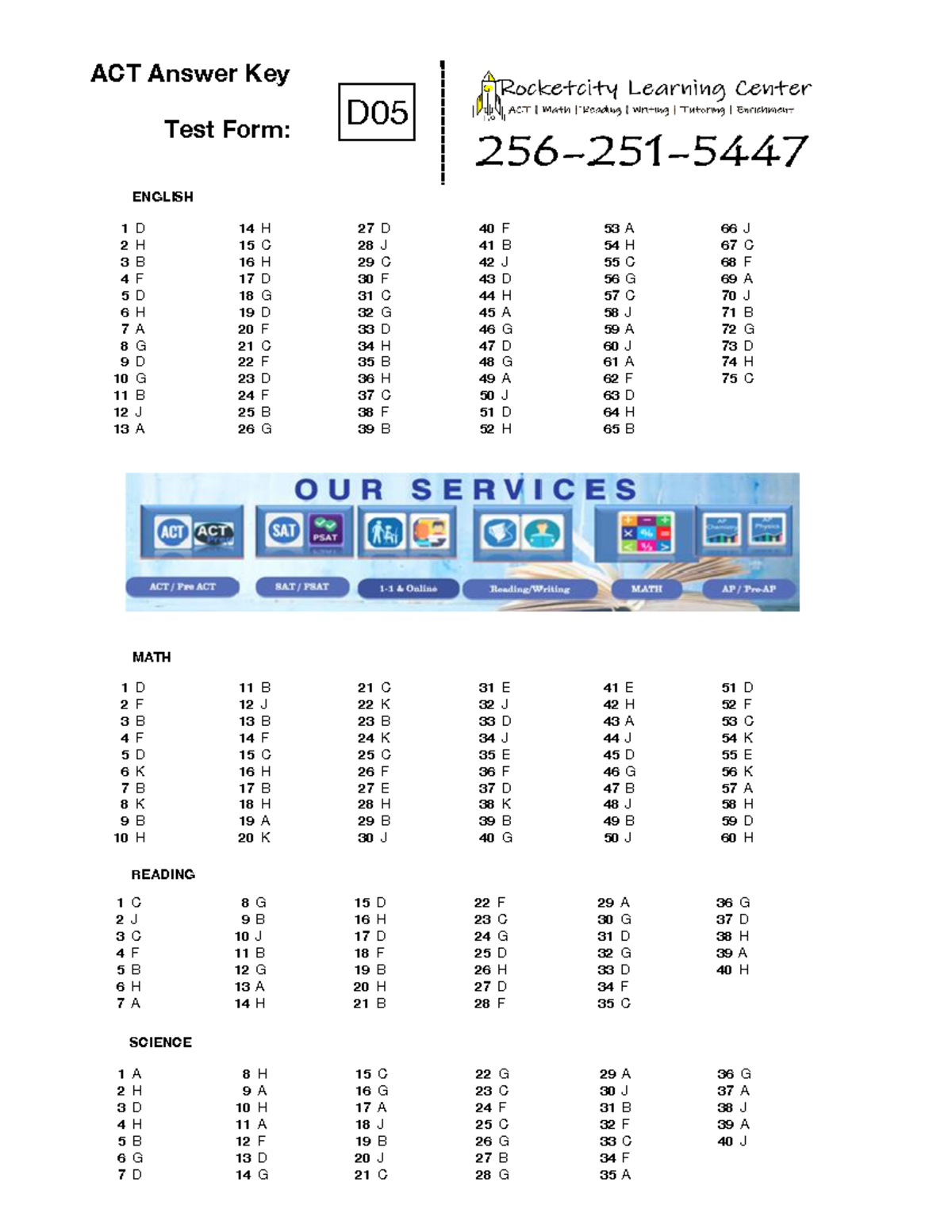 D05-Answers - Notes - ACT Answer Key Test Form: D ENGLISH 1 D 2 H 3 B 4 ...