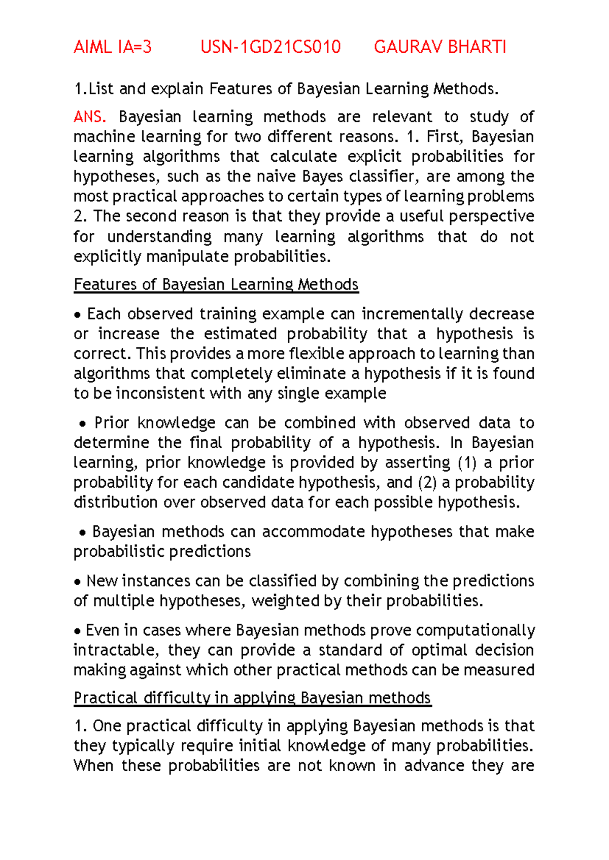 AIML 3 IA - 1 and explain Features of Bayesian Learning Methods. ANS ...