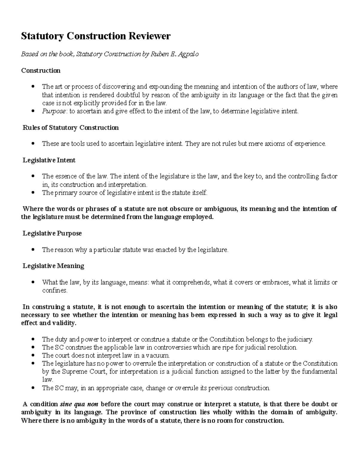 Statutory Construction Reviewer - Agpalo Construction The art or ...
