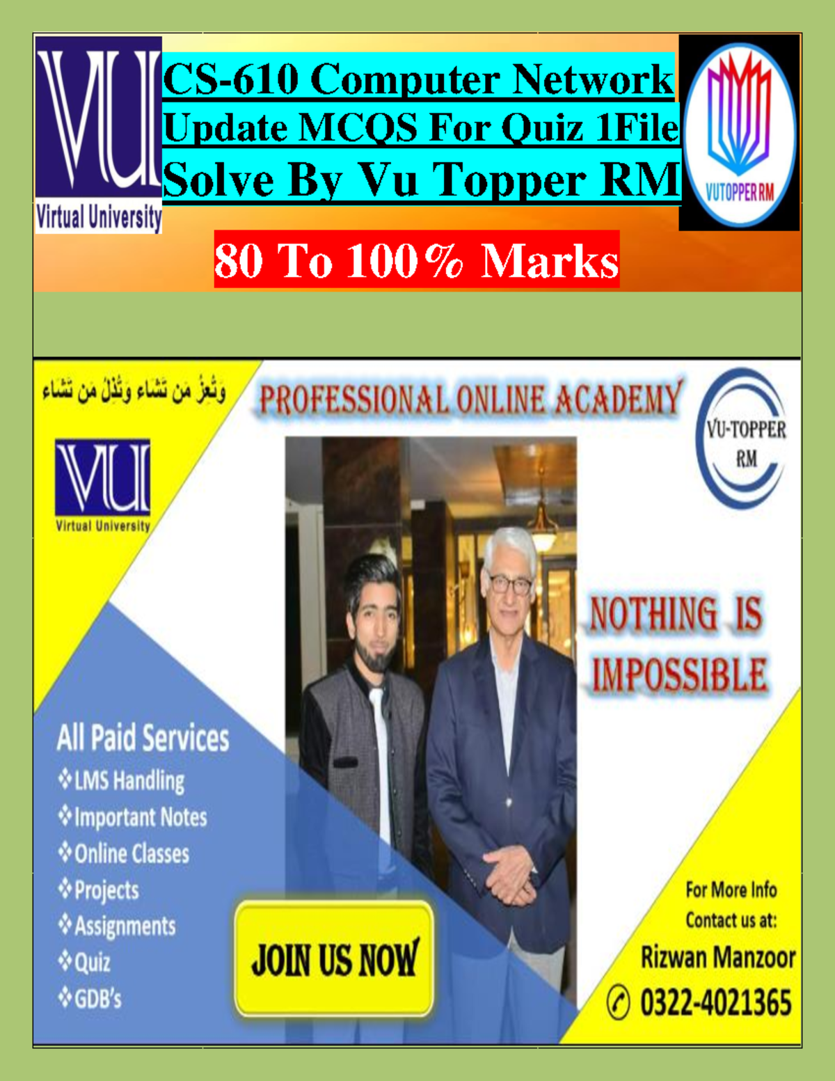 Cs610 Quiz 1 File By Vu Topper Rm Cs 610 Computer Network Update Mcqs For Quiz 1 File Solve