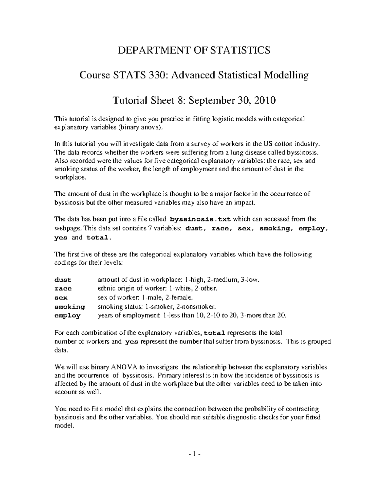 STATS330 2010 Tutorial 8 - DEPARTMENT OF STATISTICS Course STATS 330 ...