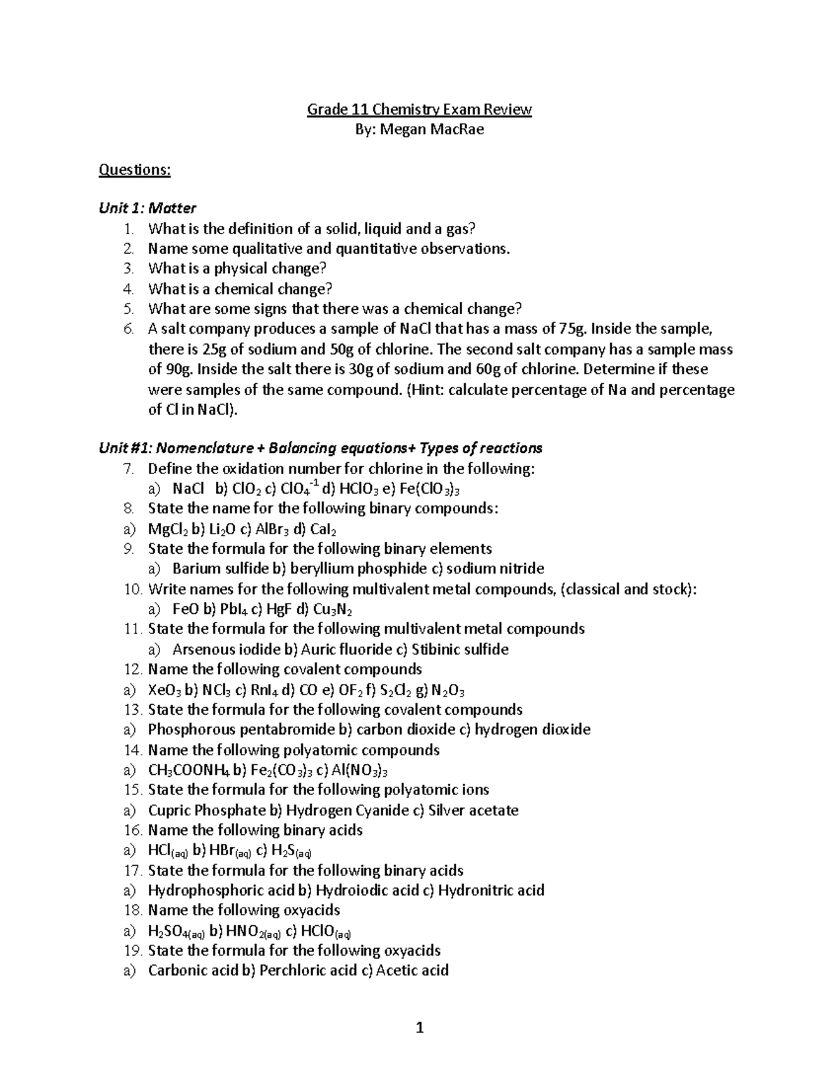 Grade 11 Chemistry Exam Review-Megan Mac Rae - Grade 11 Chemistry Exam ...