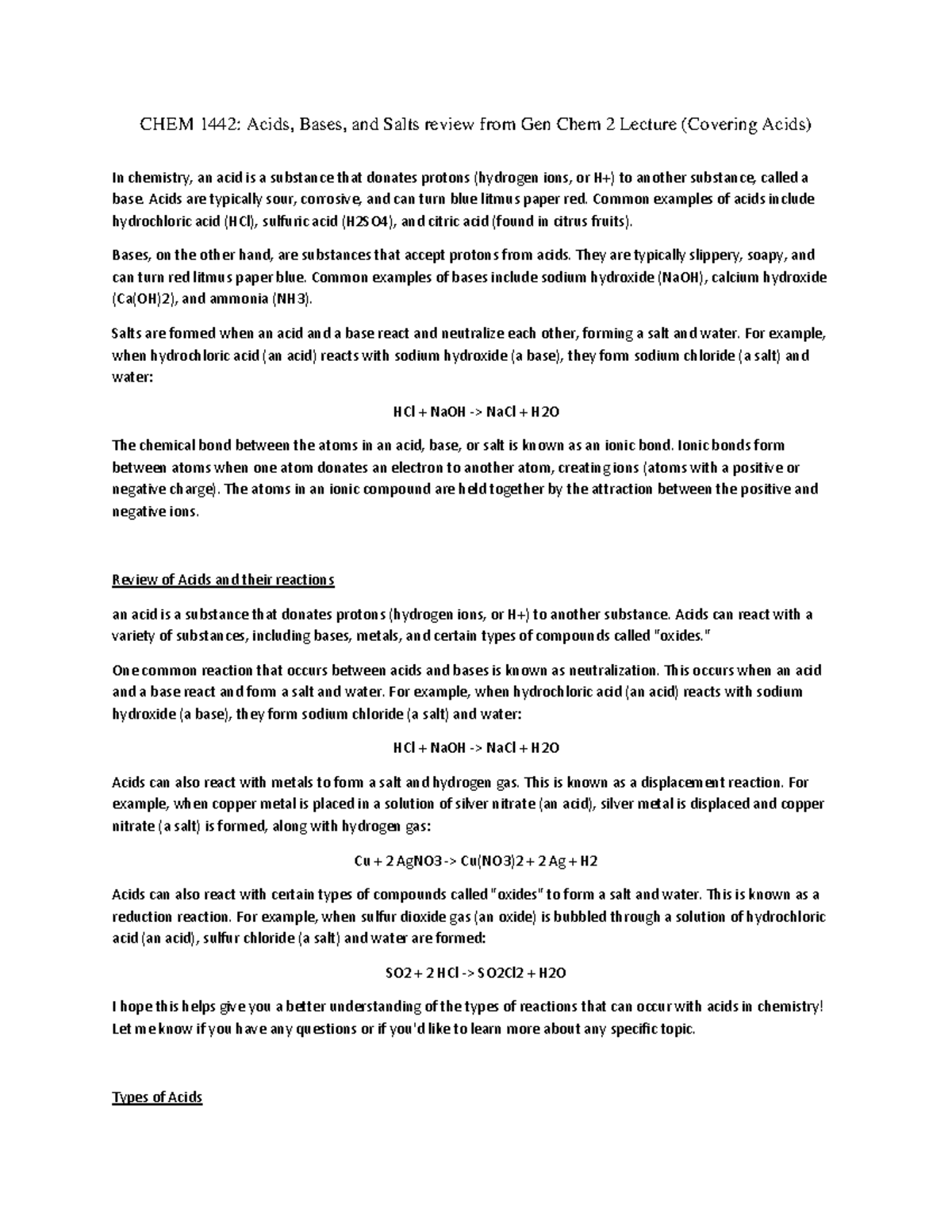 Chemical Acids and details of the types of Acids - CHEM 1442: Acids ...