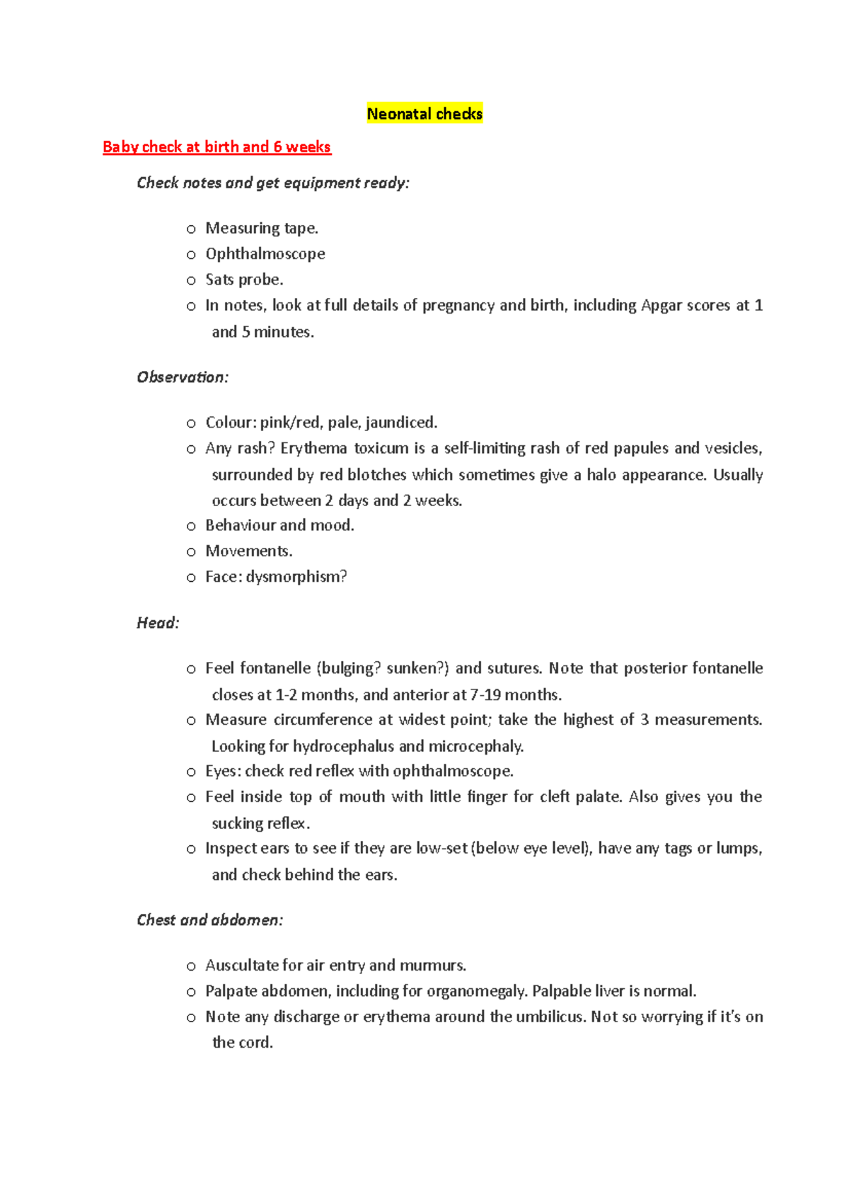Neonatal checks - Lecture notes 1 - Neonatal checks Baby check at birth ...