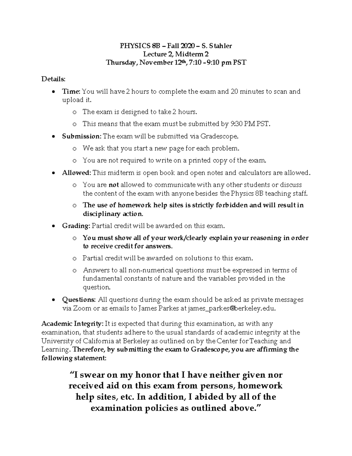 Physics 8B Fall 2020 Stahler MT2 - PHYSICS 8B – Fall 2020 – S. Stahler ...