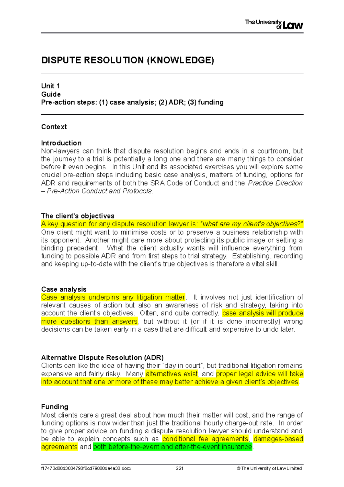 Workshop Guide - DISPUTE RESOLUTION (KNOWLEDGE) Unit 1 Guide Pre-action ...