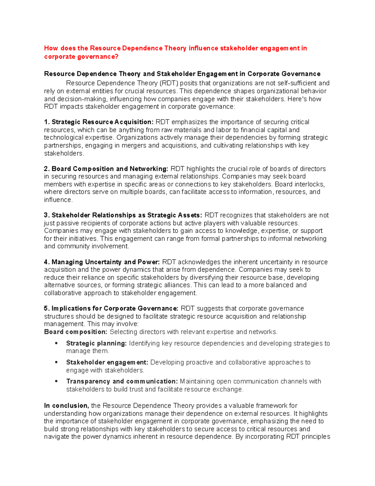 How the Resource Dependence Theory influence stakeholder engagement in ...