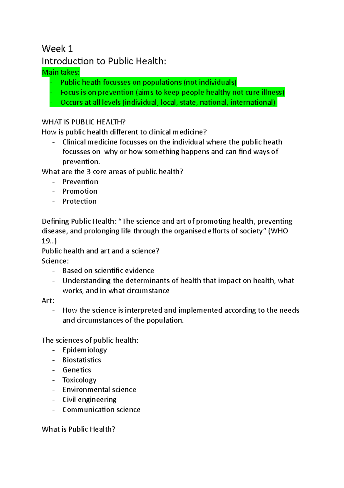 Public health Week 1 lecture notes 2022 - Week 1 Introduction to Public ...
